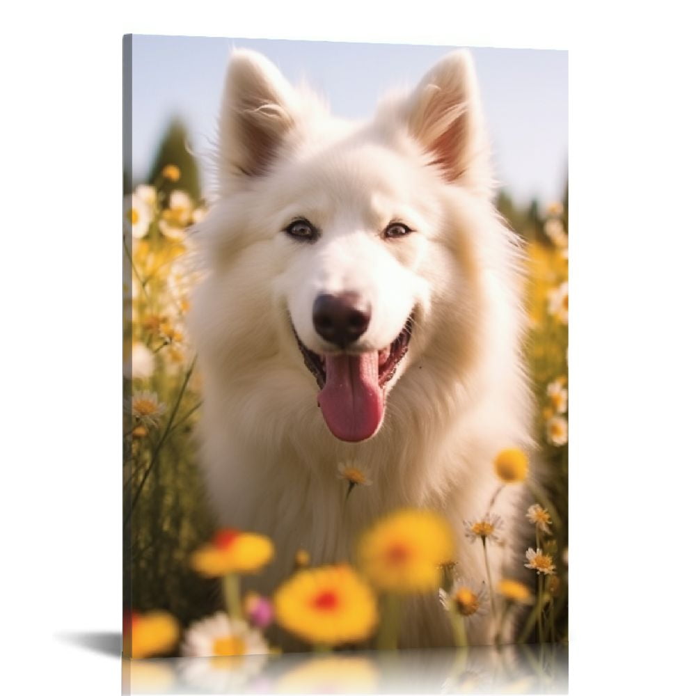 COMIO Wall Art Canvas Prints - Dog and Flowers Picture Painting ...