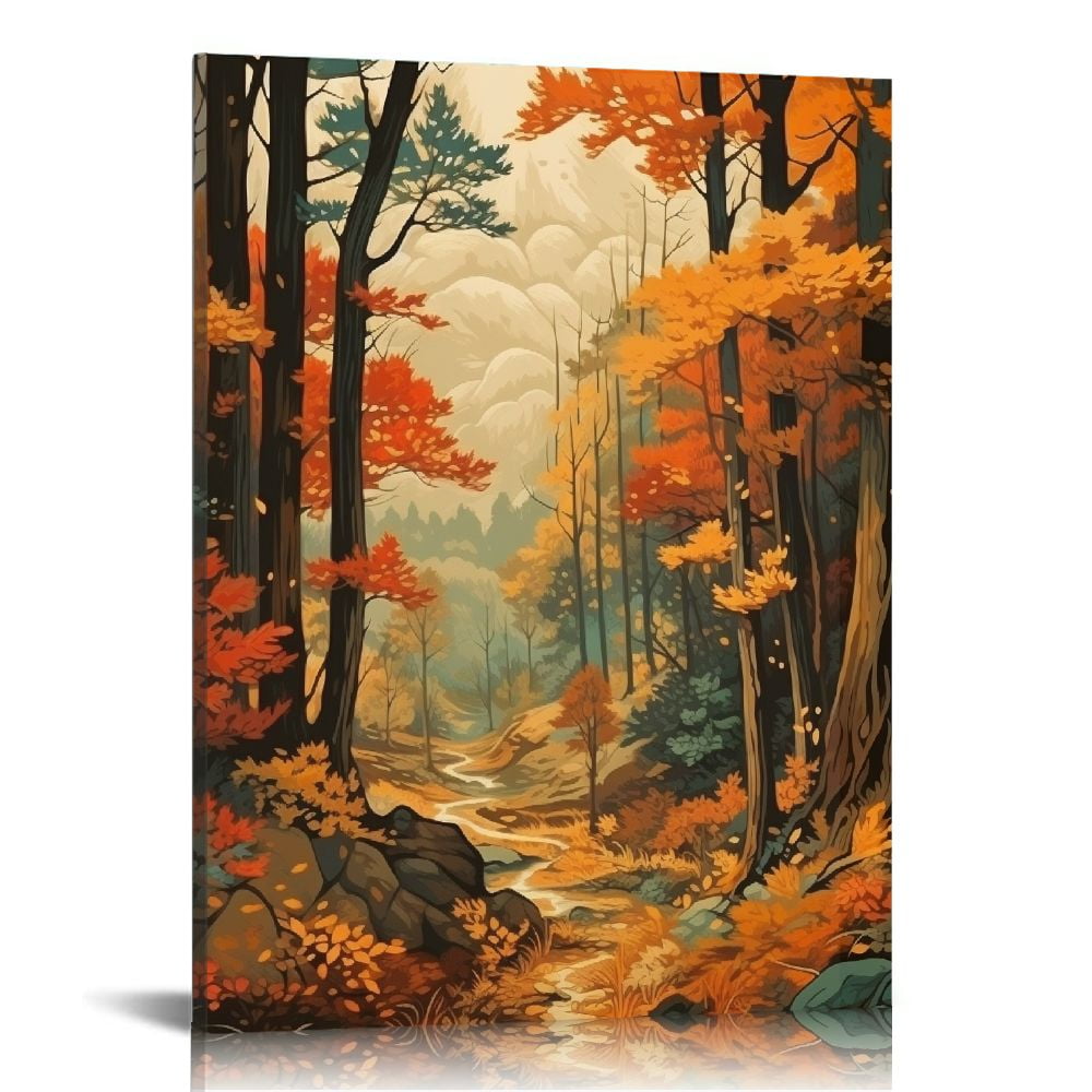 COMIO Wall Art For Bathroom Orange Yellow Maple Leaf and Tree Abstract Canvas Wall Art Wall ...