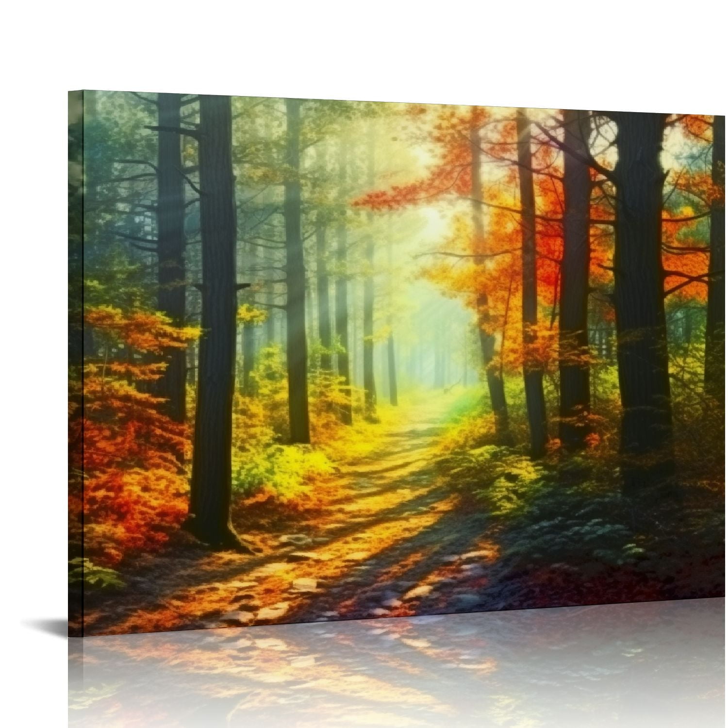 COMIO Wall Art Natural Framed Autumn Forest Canvas Painting Red Trees ...