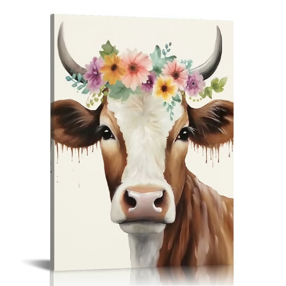COMIO Wall Art Room Decor Framed Animal Paintings Headworn flower Cow ...