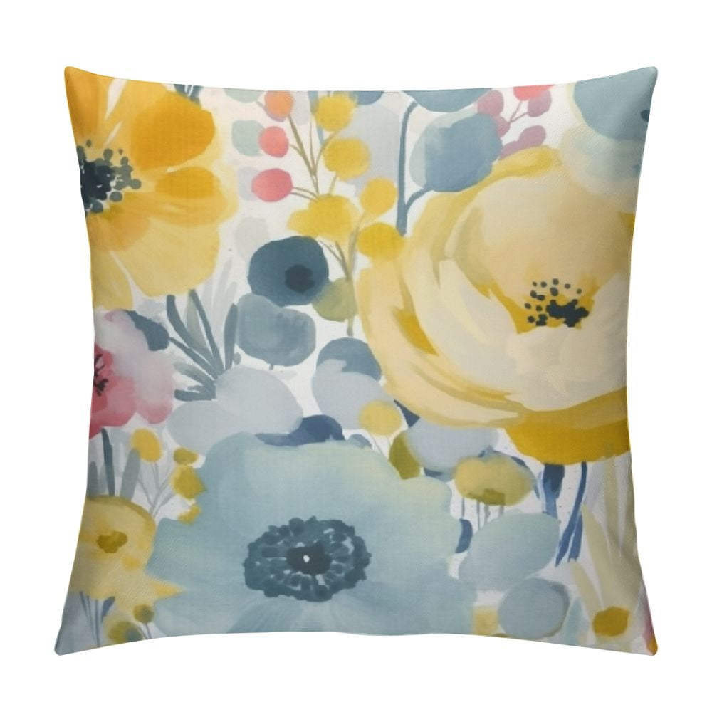 QZHH Watercolor Abstract Yellow Blue Flower Throw Pillow Covers Floral ...