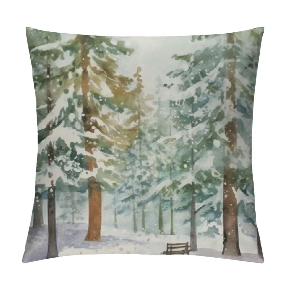 COMIO Watercolor Birch Trees Pillow Covers Green Snow Mountain Throw ...