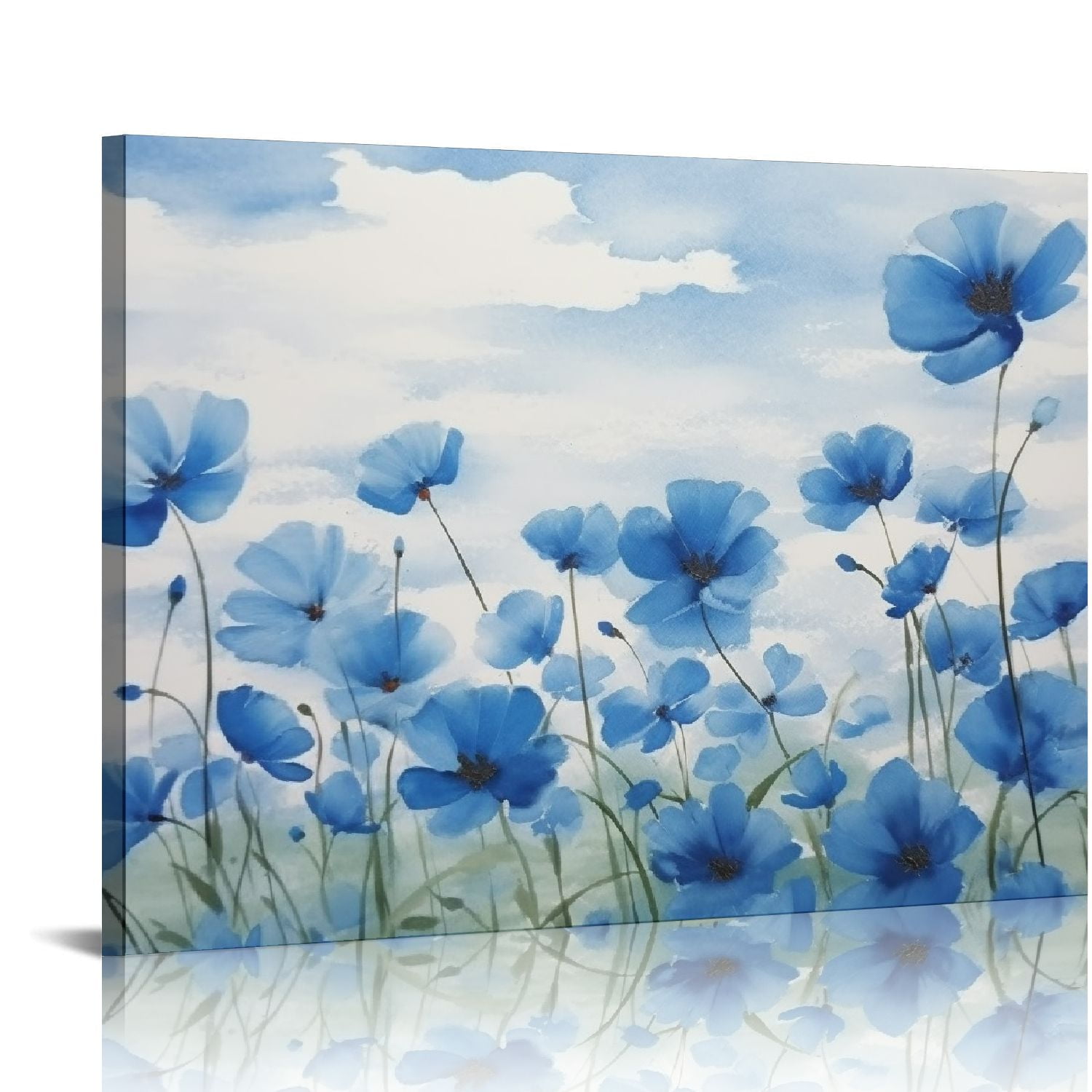 COMIO Watercolor Blue Flowers Canvas Painting Modern Abstract Wall Art ...