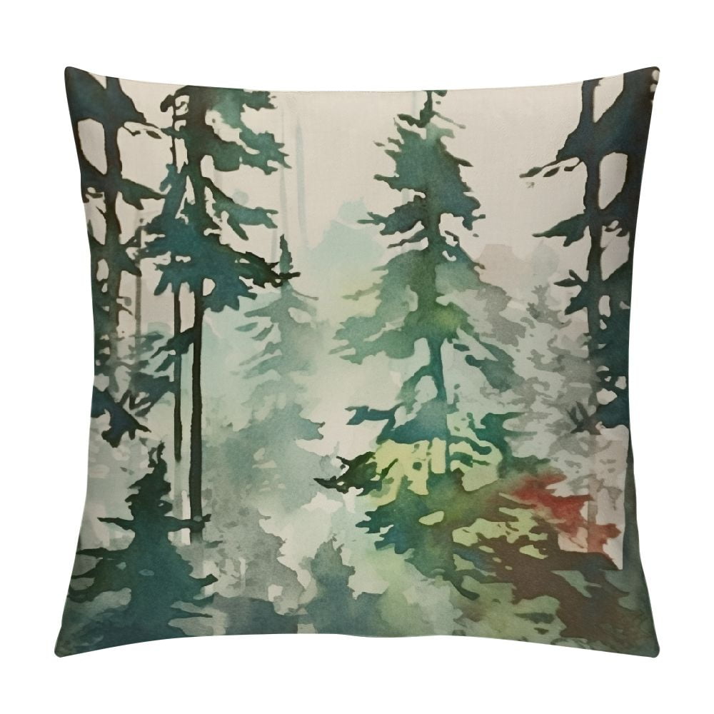 MLJA Watercolor Dark Green Teal Tree Pillow Covers Rustic Nature Forest ...