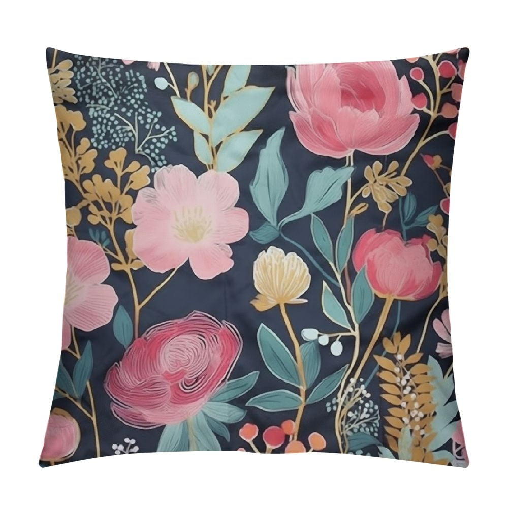 Comio Watercolor Flower Throw Pillow Cover Pink Peony Floral With Green
