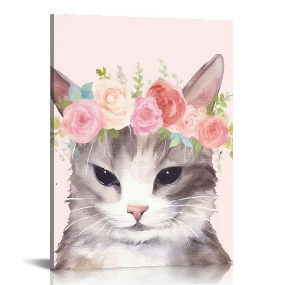 COMIO Watercolor Lovely Cat Art Print- Flower Pet Cat Canvas Wall Art ...