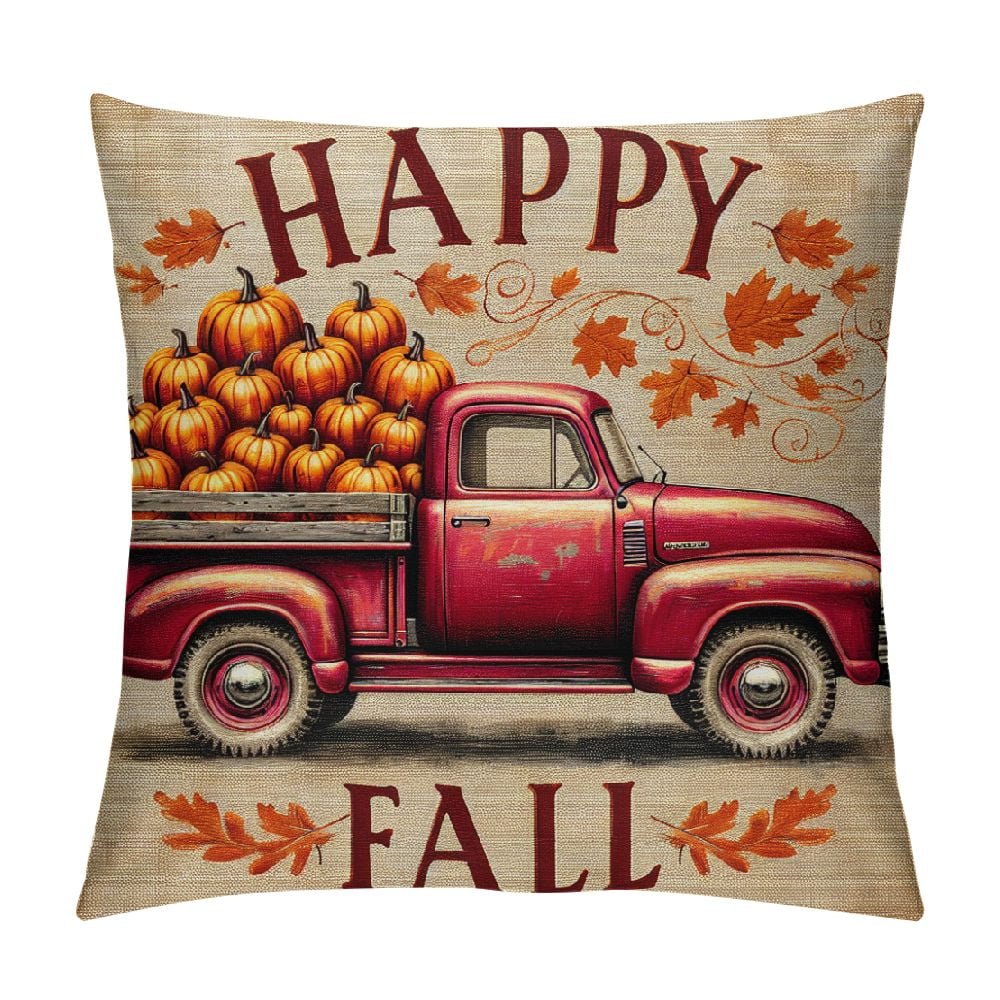 COMIO Watercolor Retro Red Pickup Truck Orange Maple Leaves Pumpkins ...