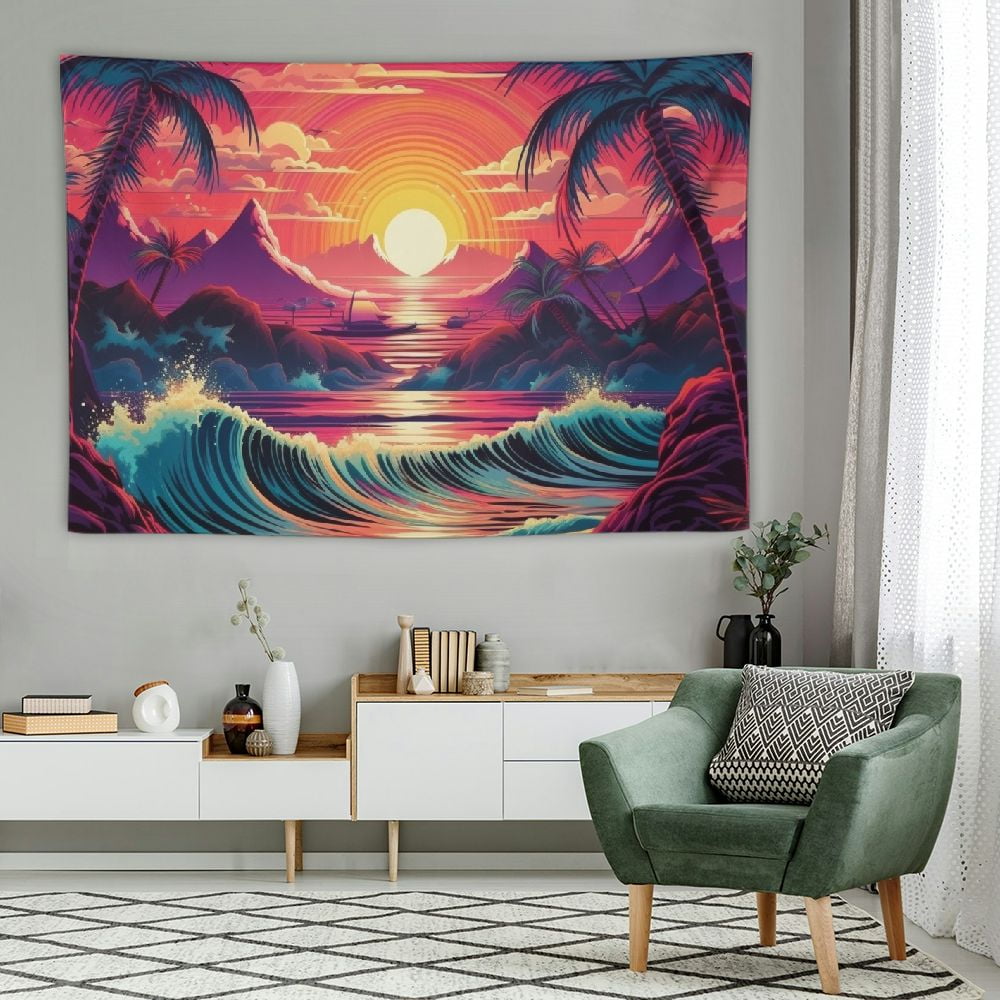 YANMS Wave Tapestry Trippy Sun Tapestry Neon Palm Tree Wall Tapestry ...