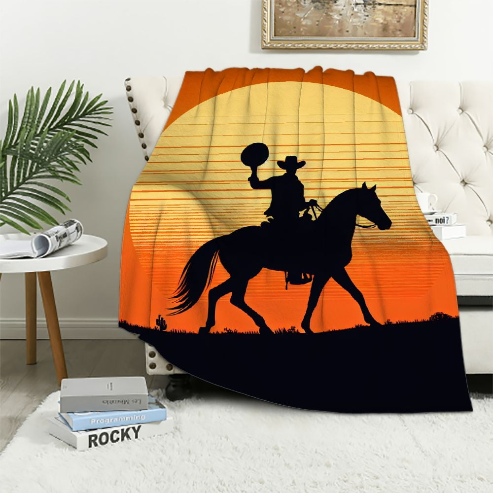 COMIO Western Throw Blanket, Bull Rider Silhouette at Sunset Dramatic ...