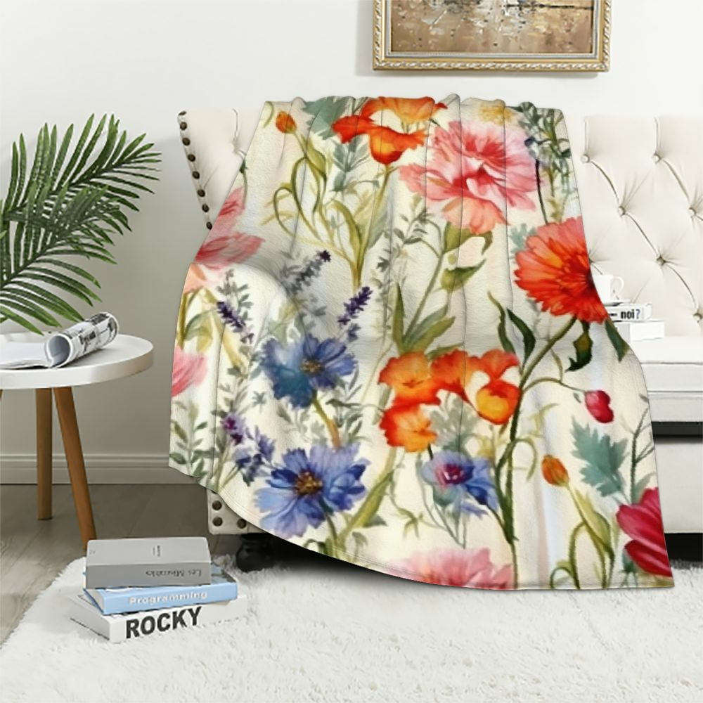Comio Wildflowers Throw Blanket Colorful Watercolor Flowers Poppy