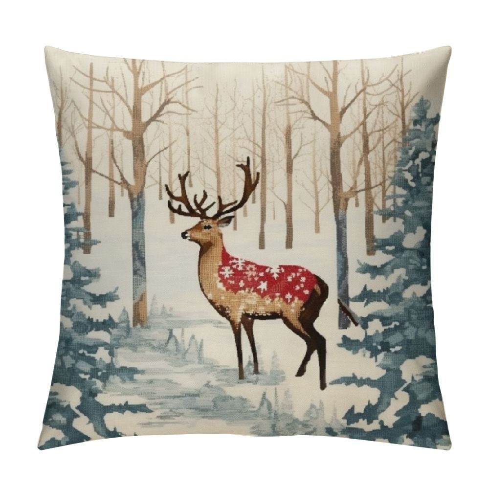 Comio Winter Reindeer Pillow Covers Blue Watercolor Tree Forest Deer