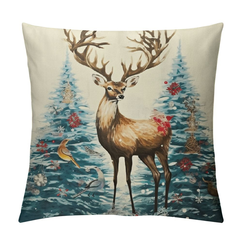QZHH Winter Reindeer Pillow Covers Blue Watercolor Tree Forest Deer ...