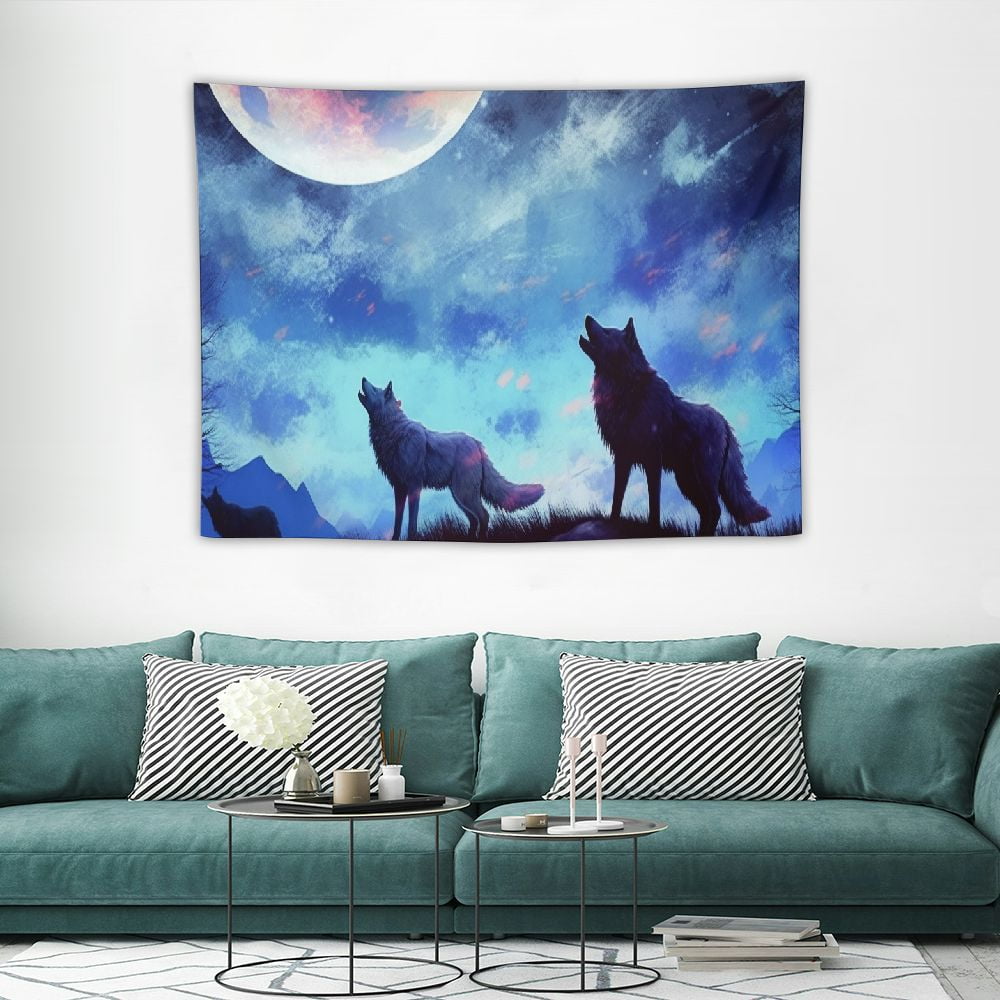 COMIO Wolf Tapestry Purple Blue Psychedelic Starry Sky Tapestries Moon ...