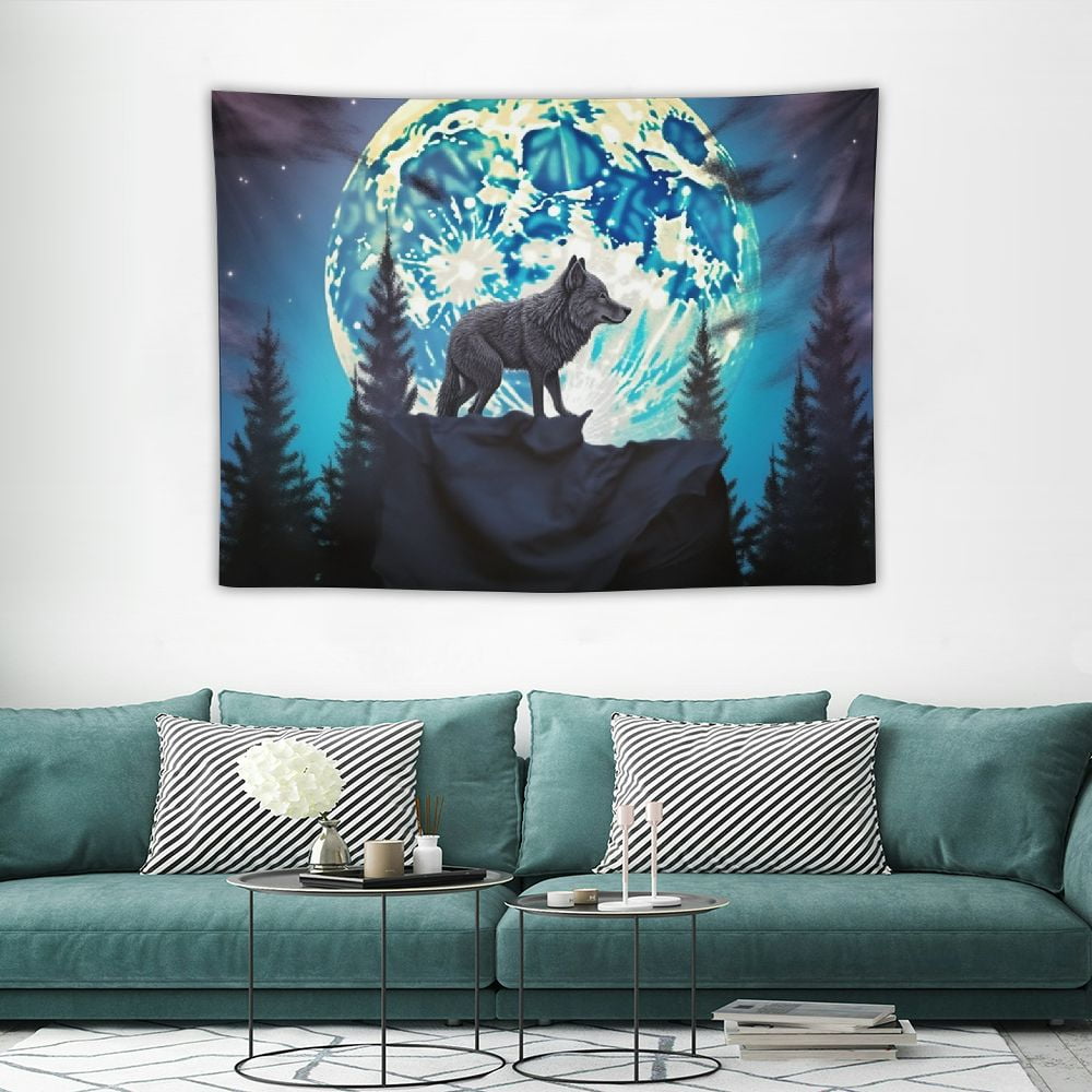 COMIO Wolf Tapestry Wolf Moon Tapestry Starry Night Sky Wall Hanging ...