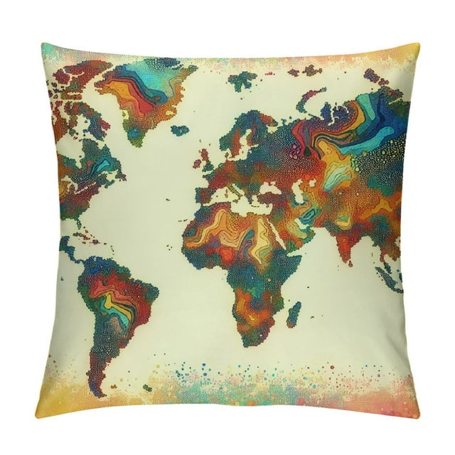 COMIO World Map Throw Pillow Cover Watercolor Map Asia Europe Africa ...
