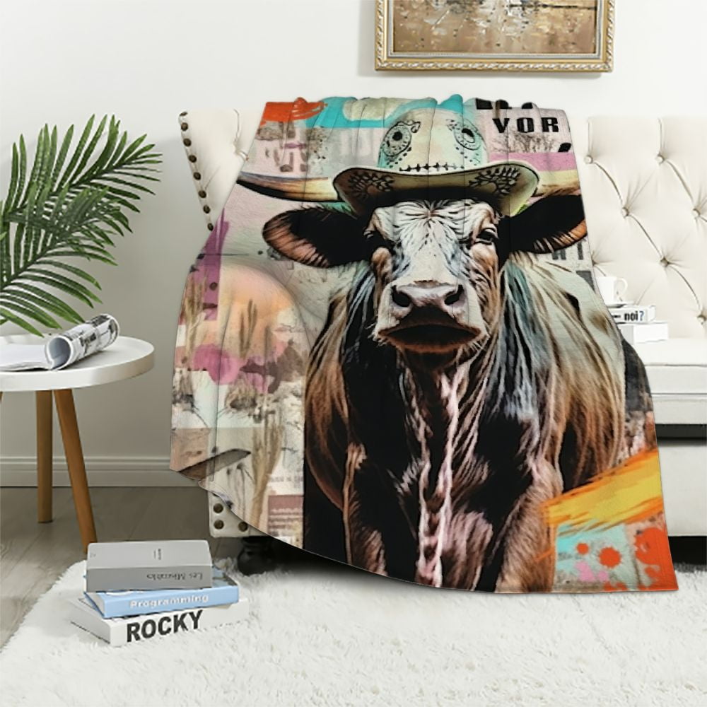 COMIO YANR Cute Cow Print Blanket Desert Landscape Cowboy Sherpa ...