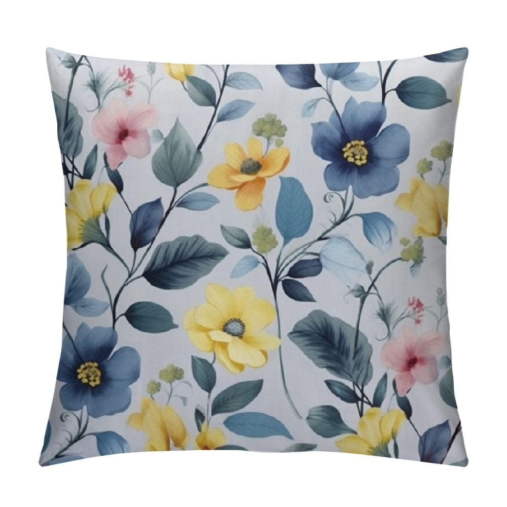 Comio Yellow Blue Flower Pillow Covers Watercolor Plants Farmhouse