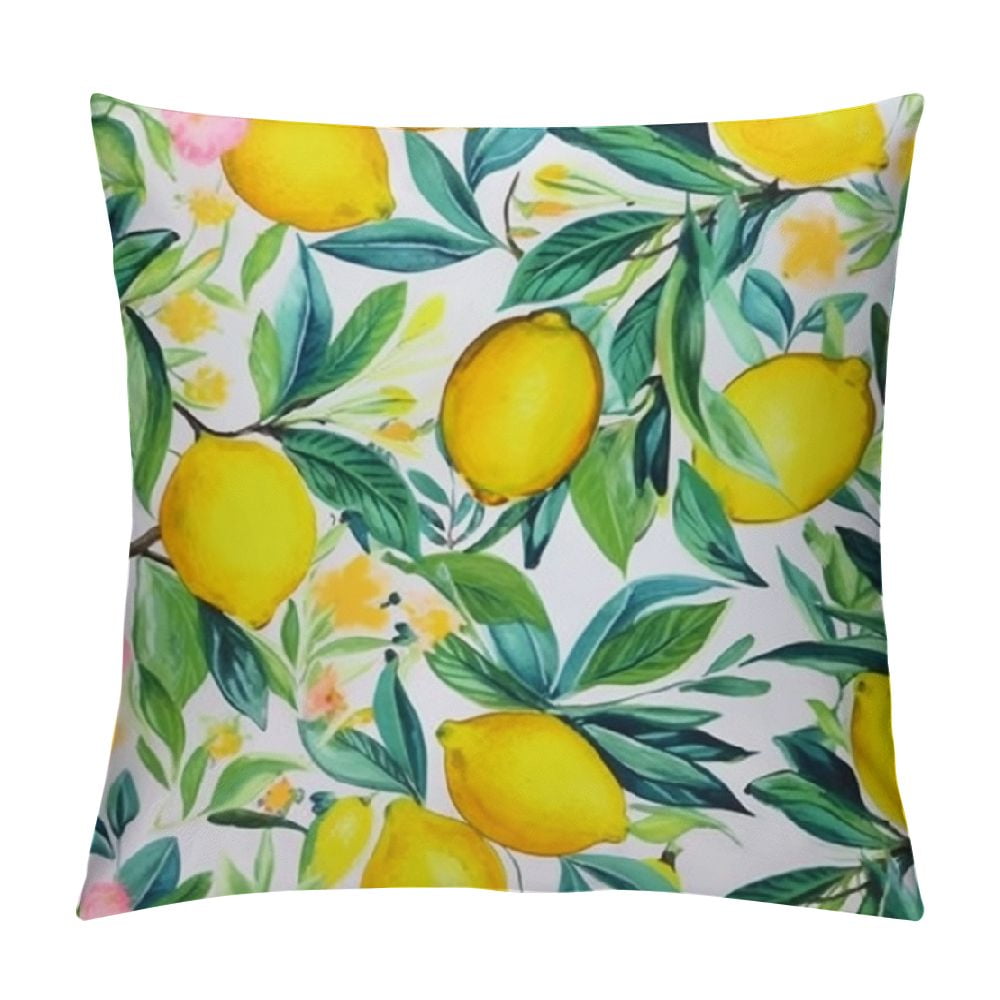 COMIO Yellow Lemon Throw Pillow Covers - Watercolor Lemon with Green Leaves Pattern Pillow Case ...
