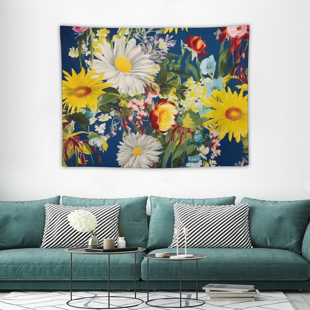 MLJA Floral、Flowers Wall Tapestry, Dark Blue Retro Daisy Wall Hanging ...