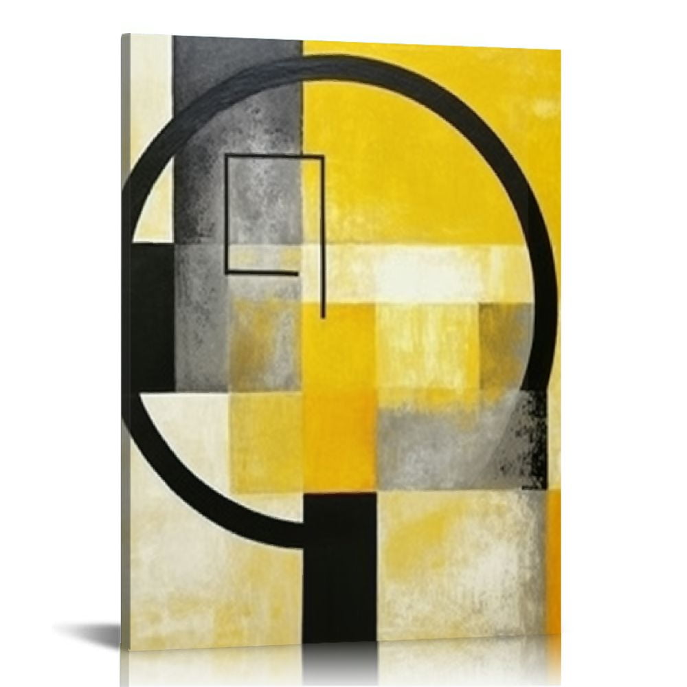 COMIO Yellow and Grey Abstract Geometric Circle Canvas Wall Art Rustic ...
