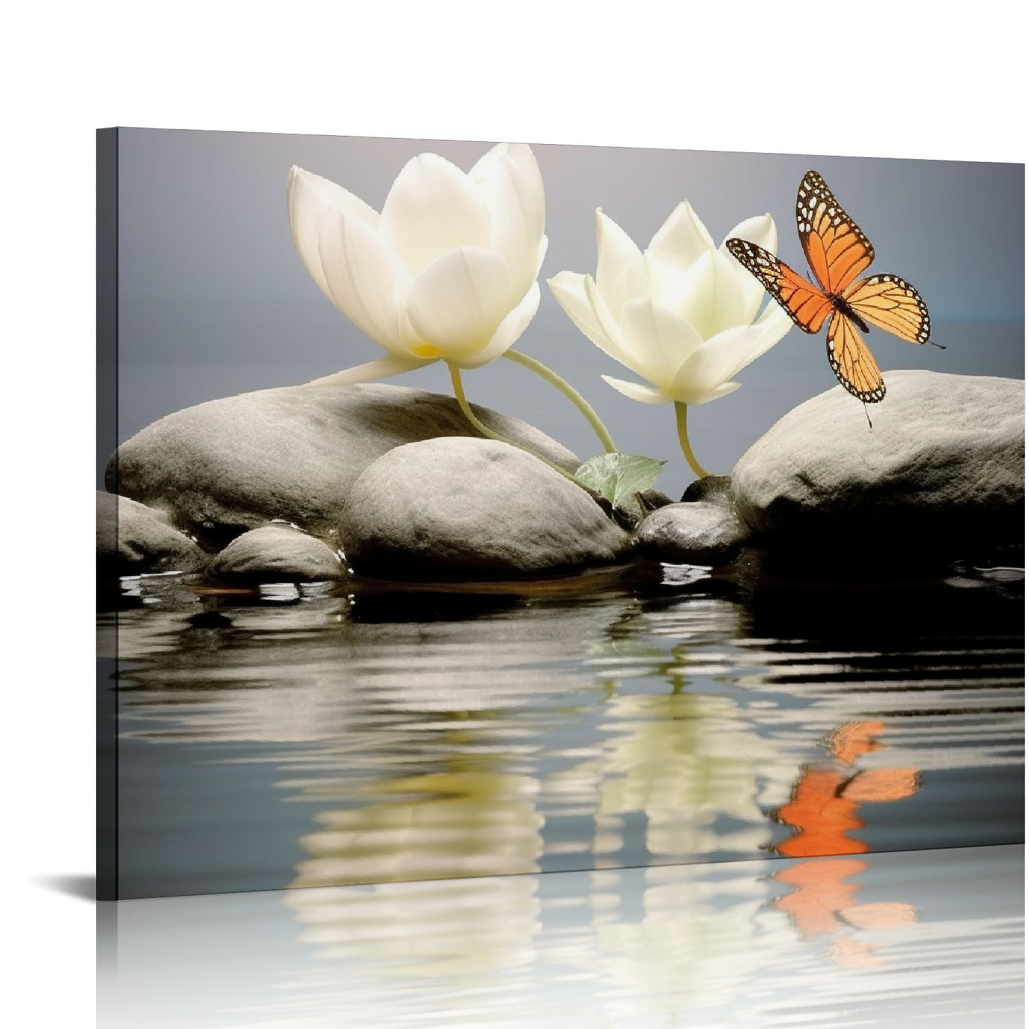 COMIO Zen Stone Canvas Wall Art White Flower and Yellow Butterfly on ...