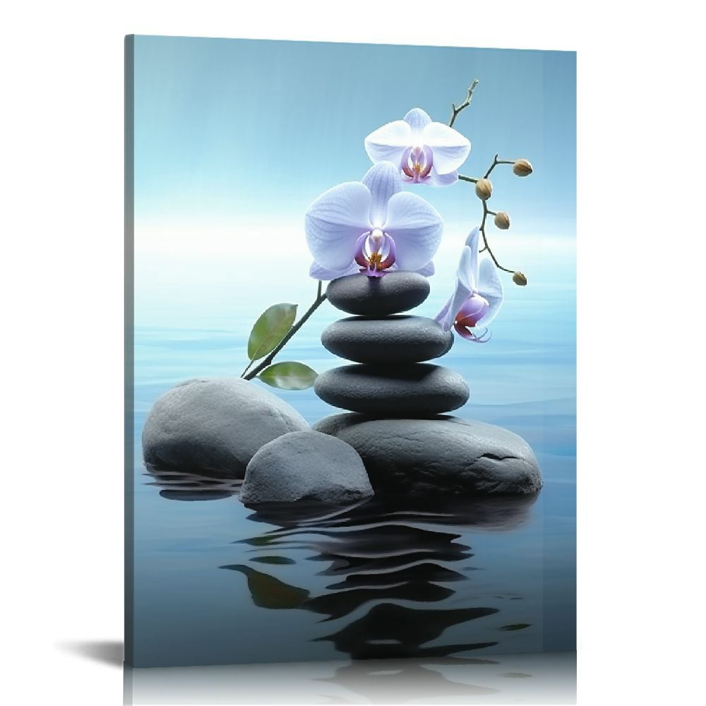 COMIO Zen Wall Art Spa Stone and Elegant Blue Orchid Flower on the ...