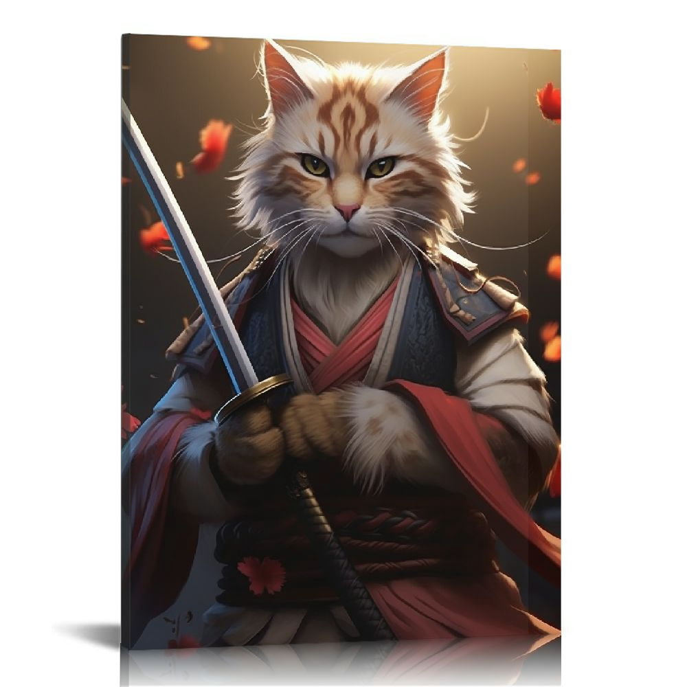 QZHH cool Cat Holding Sword Canvas Wall Art cat Print Artwork Painting ...