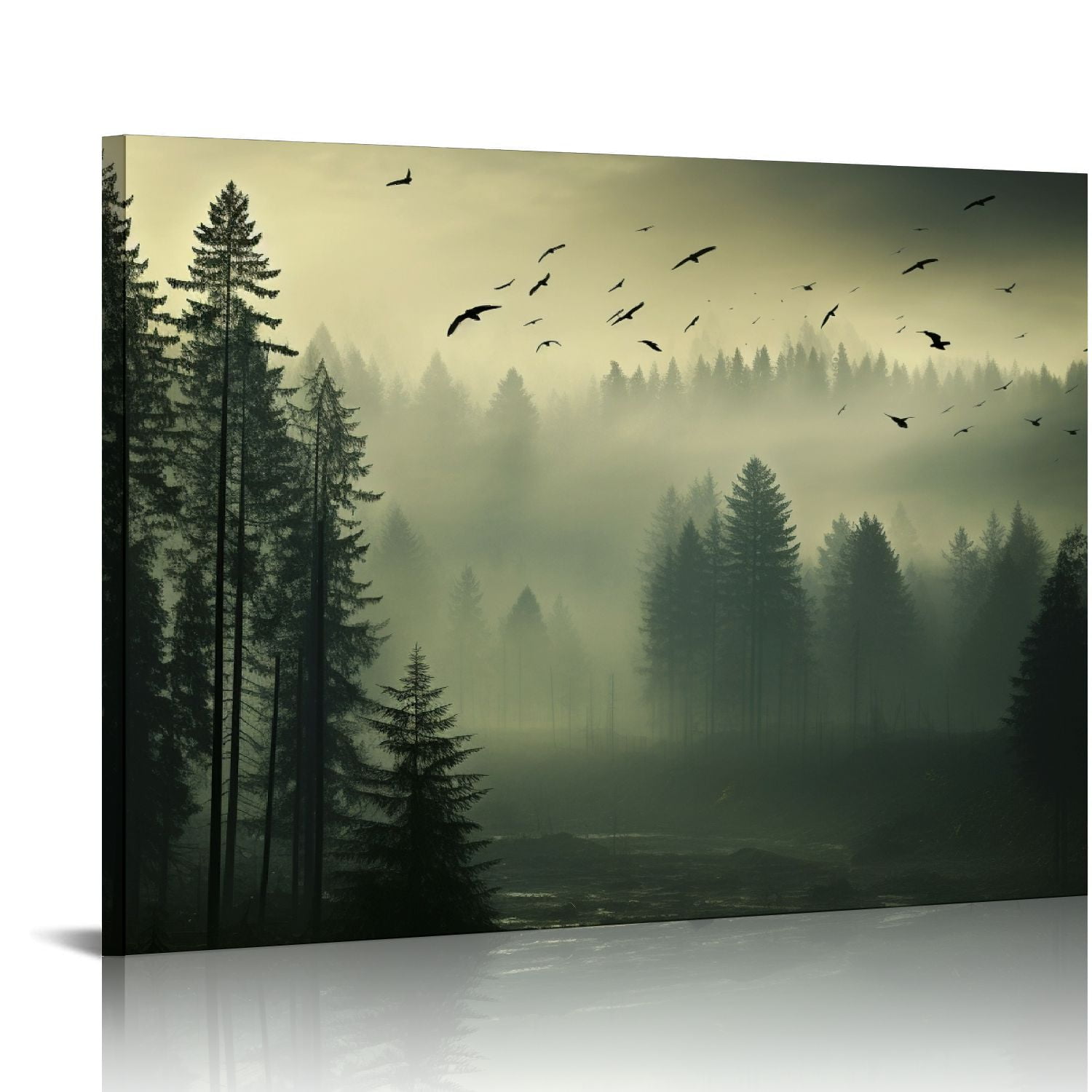 YANMS Forest Picture Wall Art Framed: Foggy Landscape Photographic Printed on Canvas with Black ...