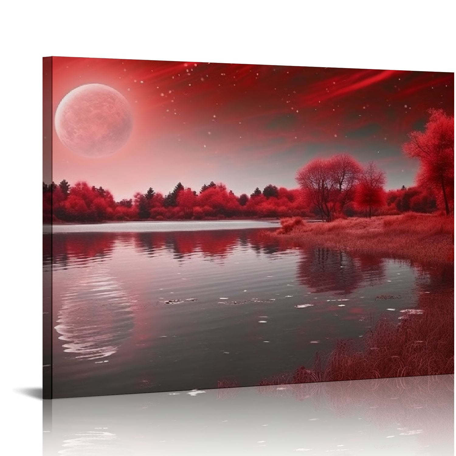 COMIO wall art for living room Red Lakes and trees under the starry sky red landscape painting ...