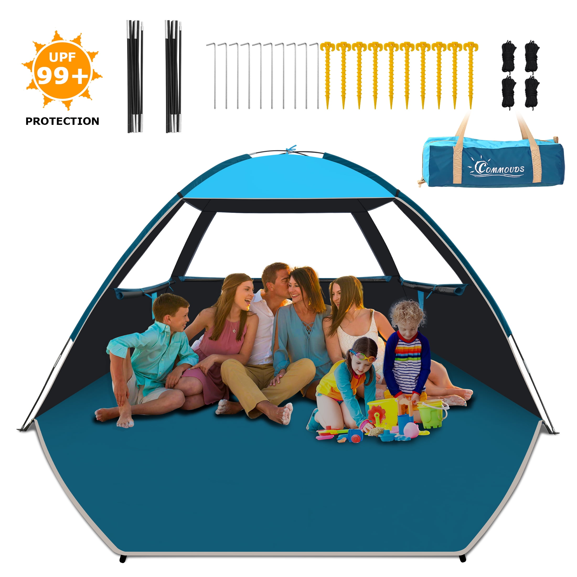 COMMOUDS Beach Tent for 6-7 Person, Easy Set-up Sunshade Canopy, UPF 50 ...