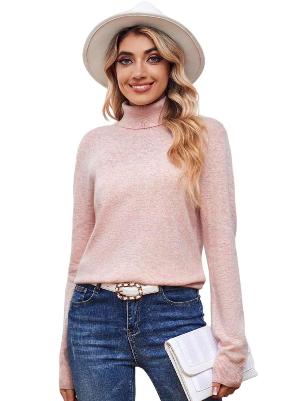 COMOSOFFER Pink Turtleneck Lightweight Sweaters for Women Soft Sweaters ...