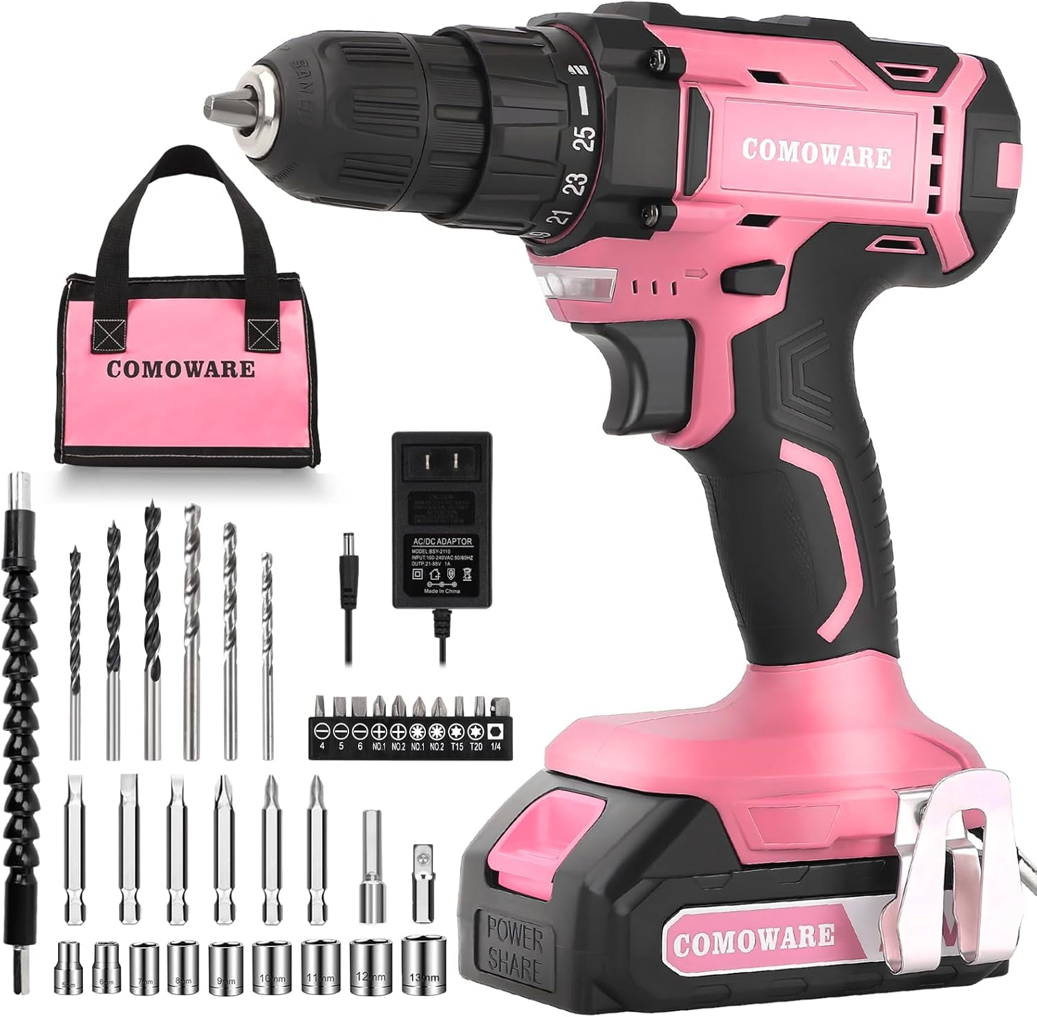 COMOWARE Cordless Drill Set, 20V Power Drill, Pink Drill Set for Women ...