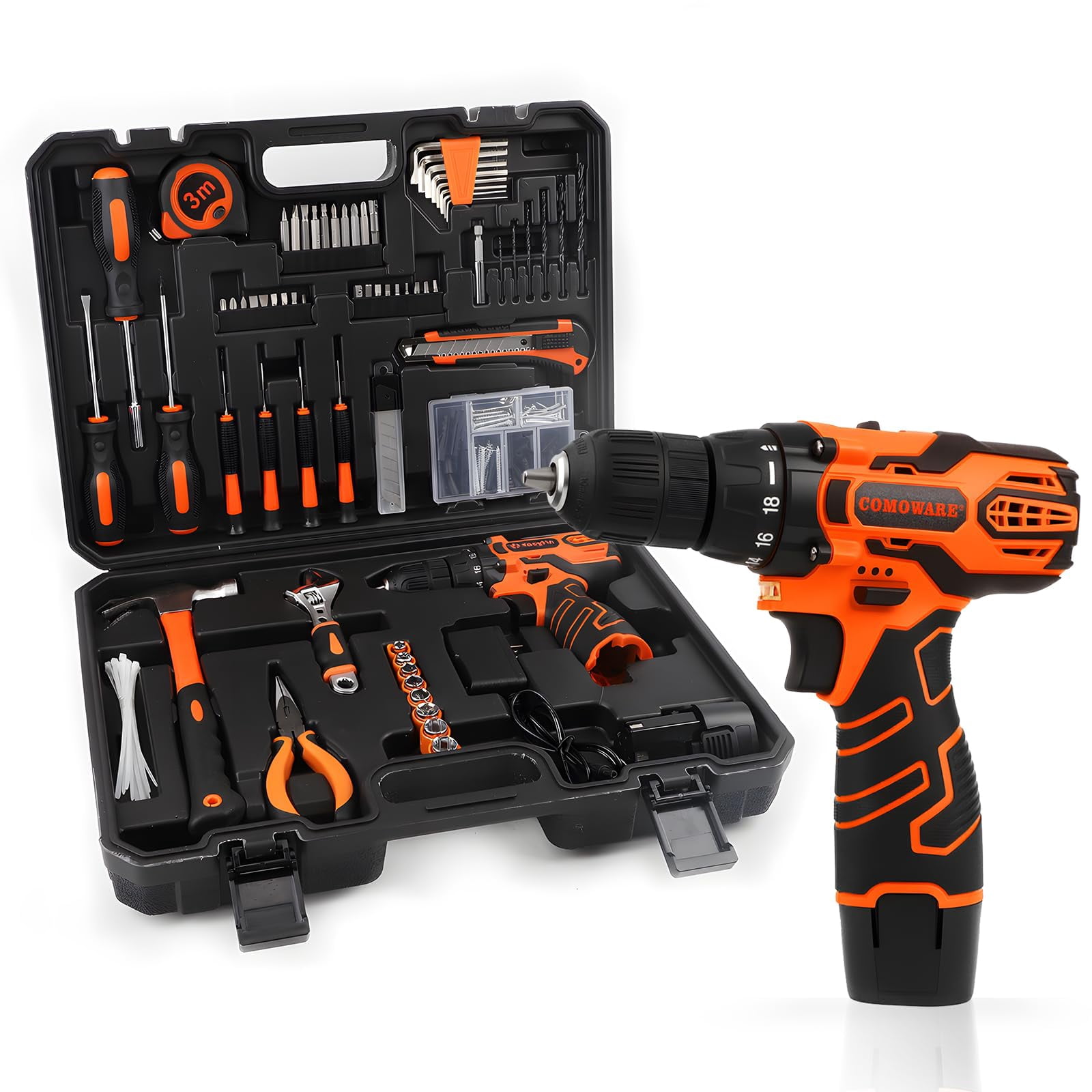 COMOWARE Household Tool Set with 12V Cordless Drill Driver, Hand Tool ...