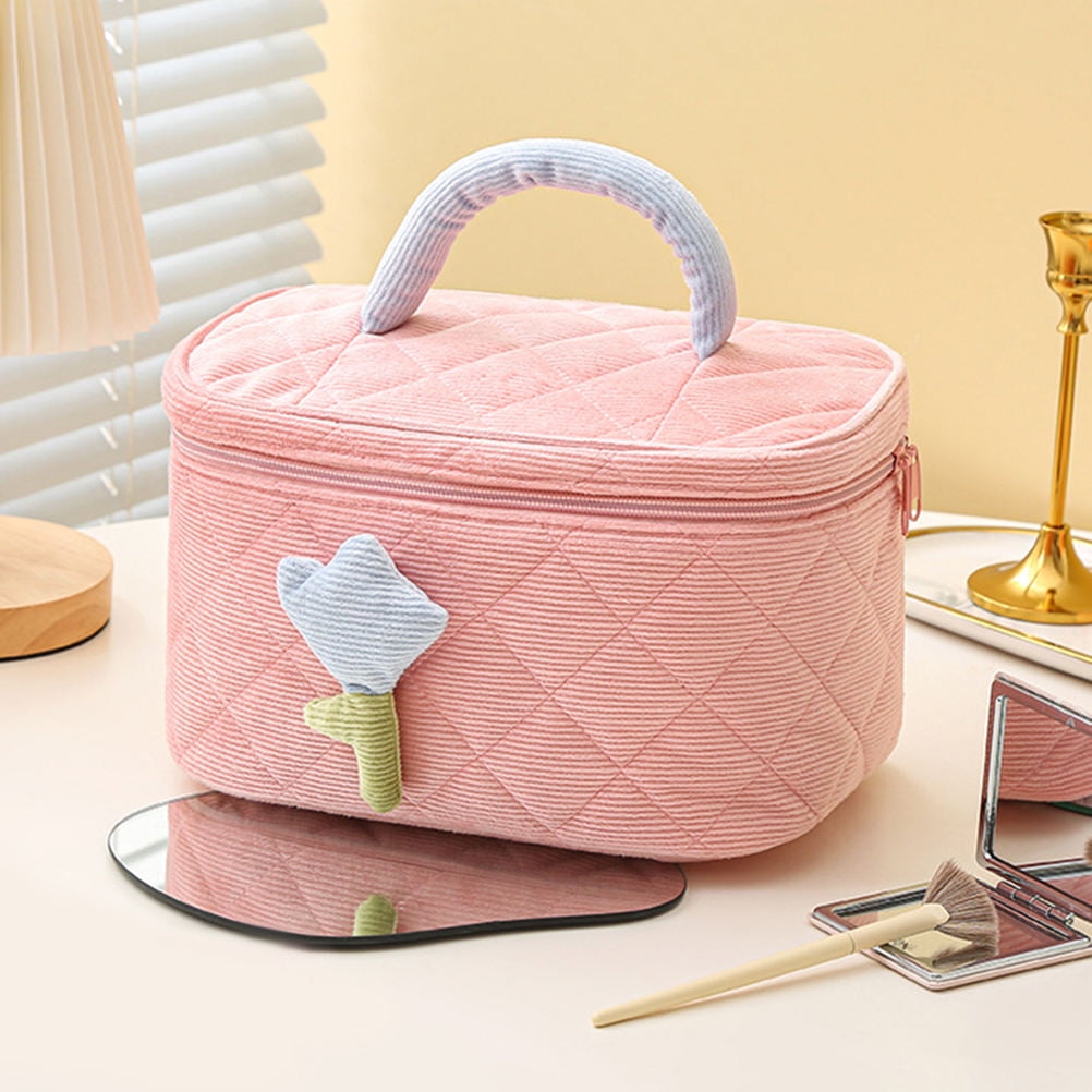 COMPUKAS Cute Pink Makeup Bag for Teens Soft Corduroy Cosmetic Case ...