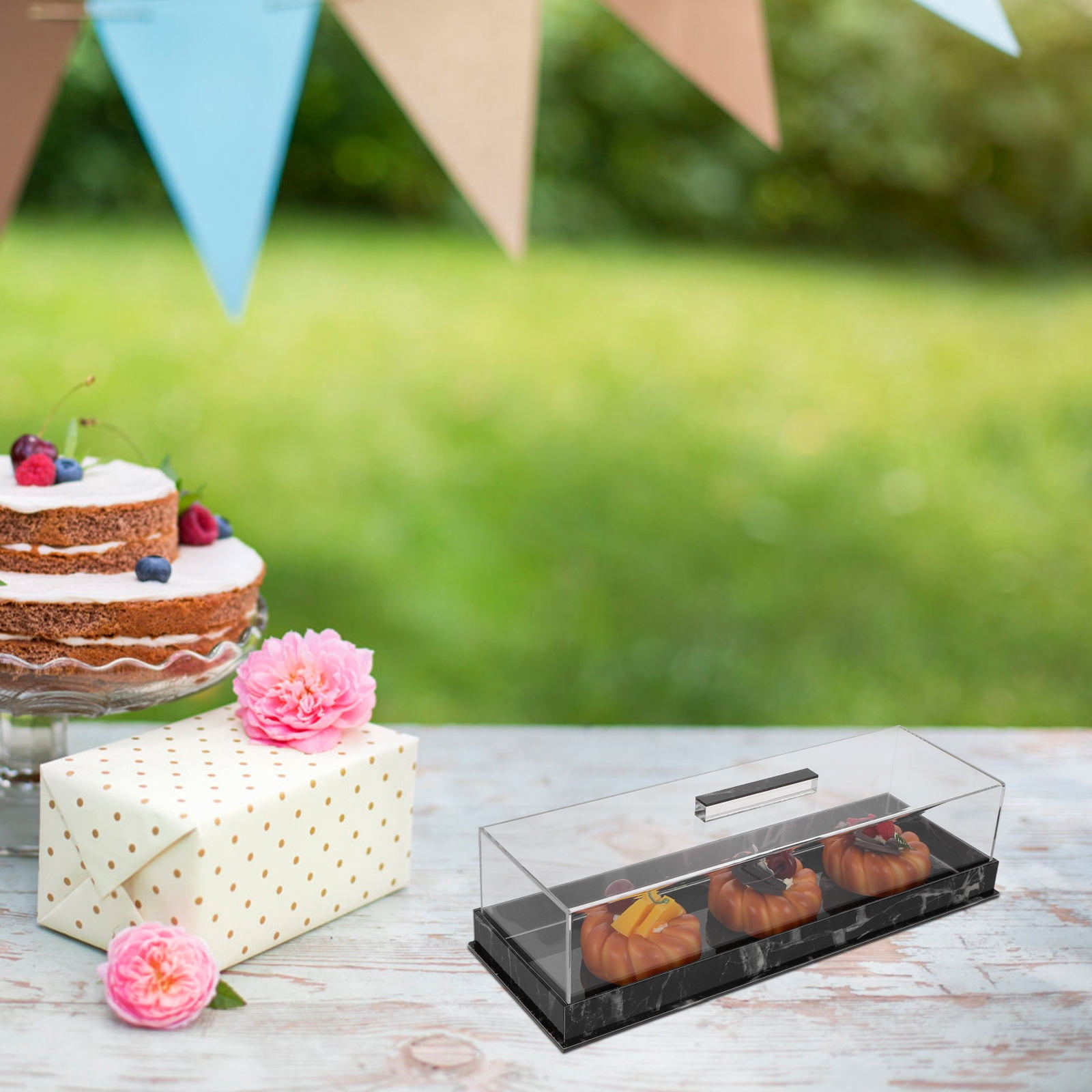 COMPUKAS Acrylic Rectangular Cake Stand with Clear Dome and Marble Base ...
