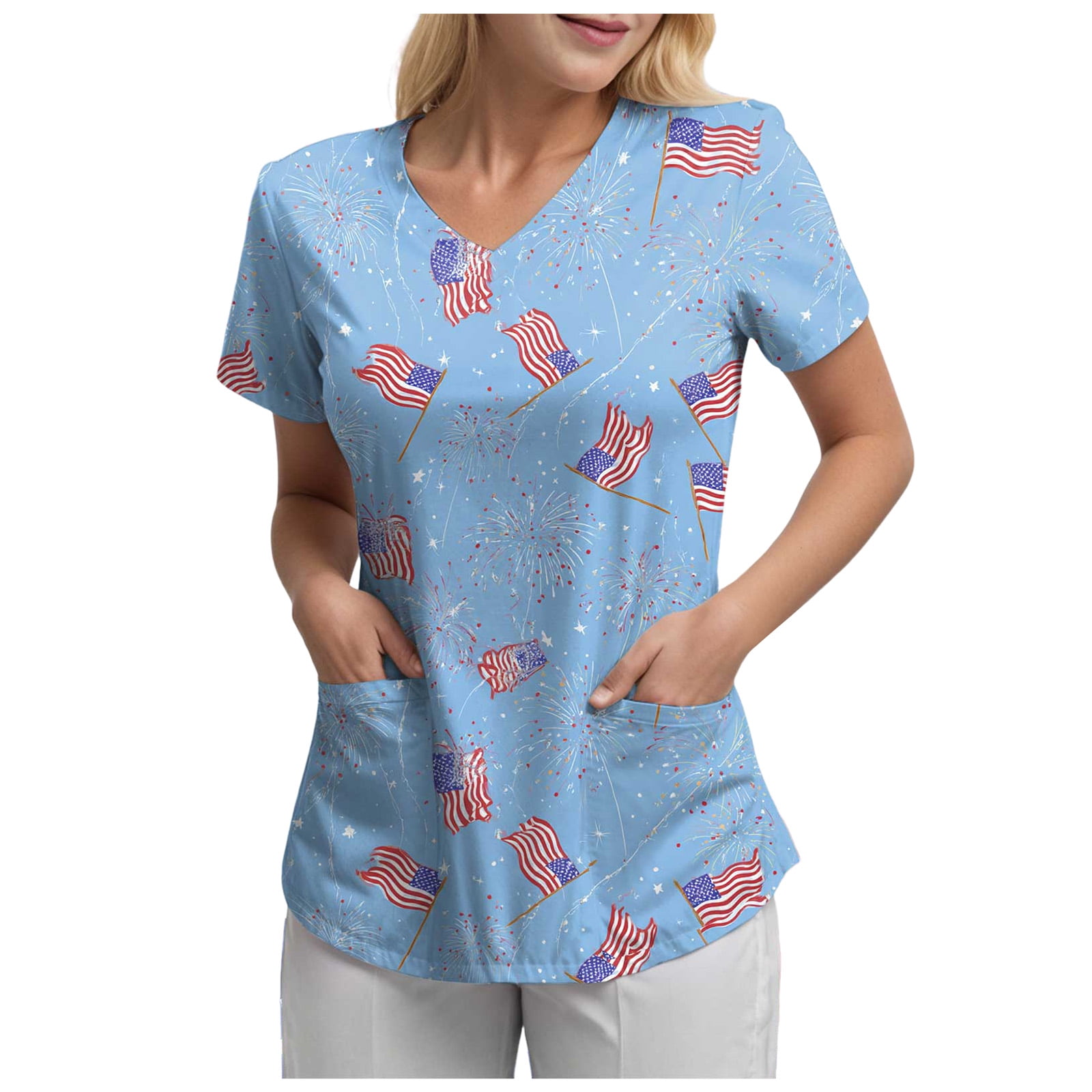 COMVALUE American Flag Graphic Tees for Women Fourth of July Scrub Tops ...