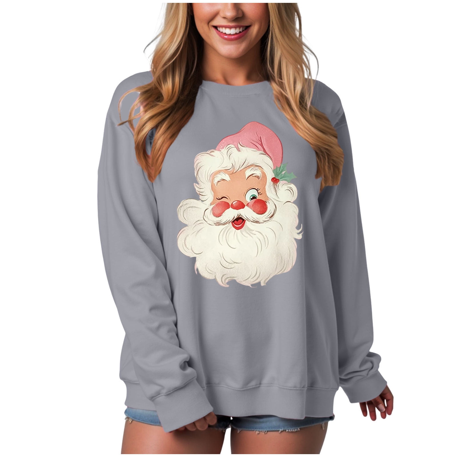 COMVALUE Christmas Sweatshirts for Women Santa Claus Graphic Crewneck ...
