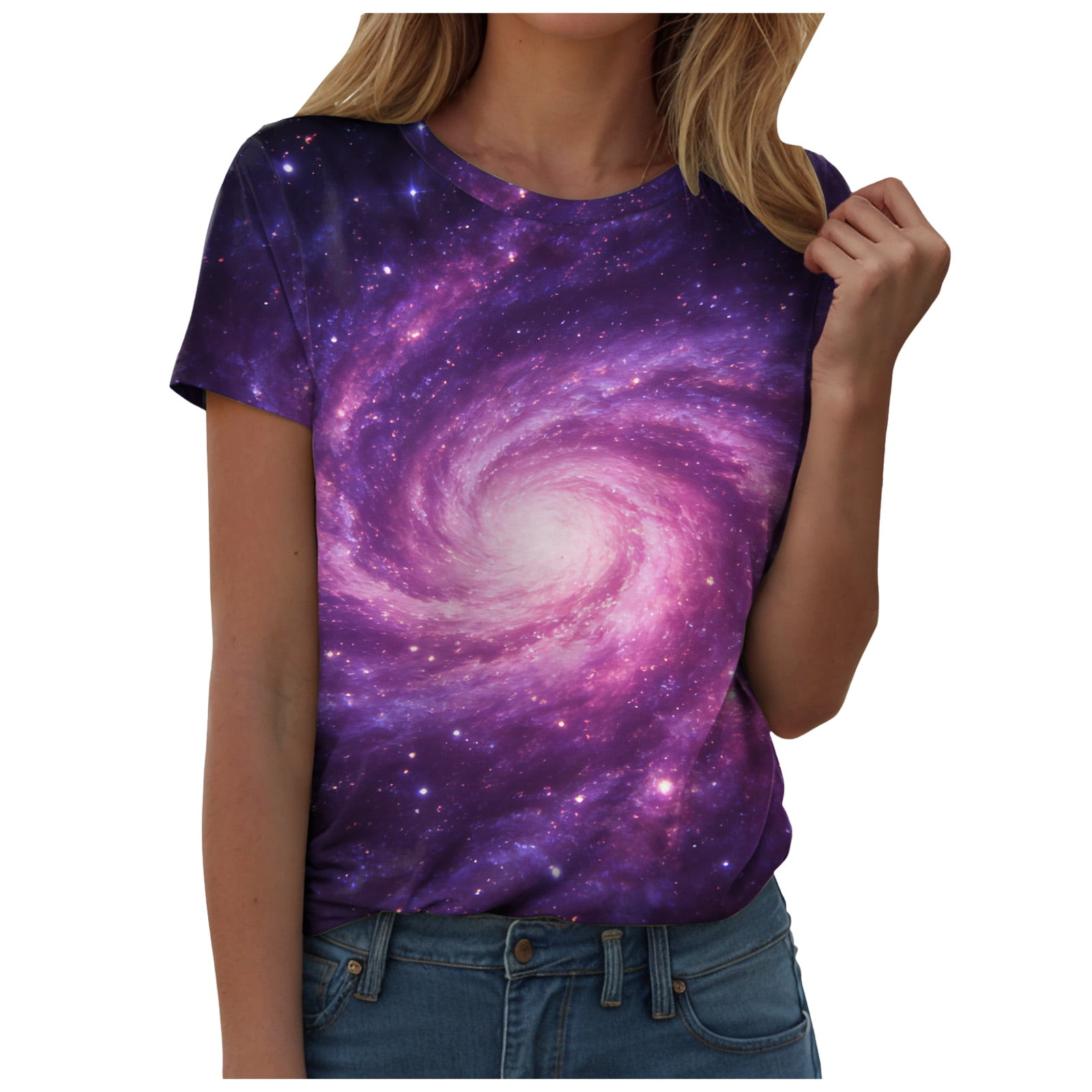 COMVALUE Cute Summer Tops for Women Galaxy Space Print Petite Shirts ...