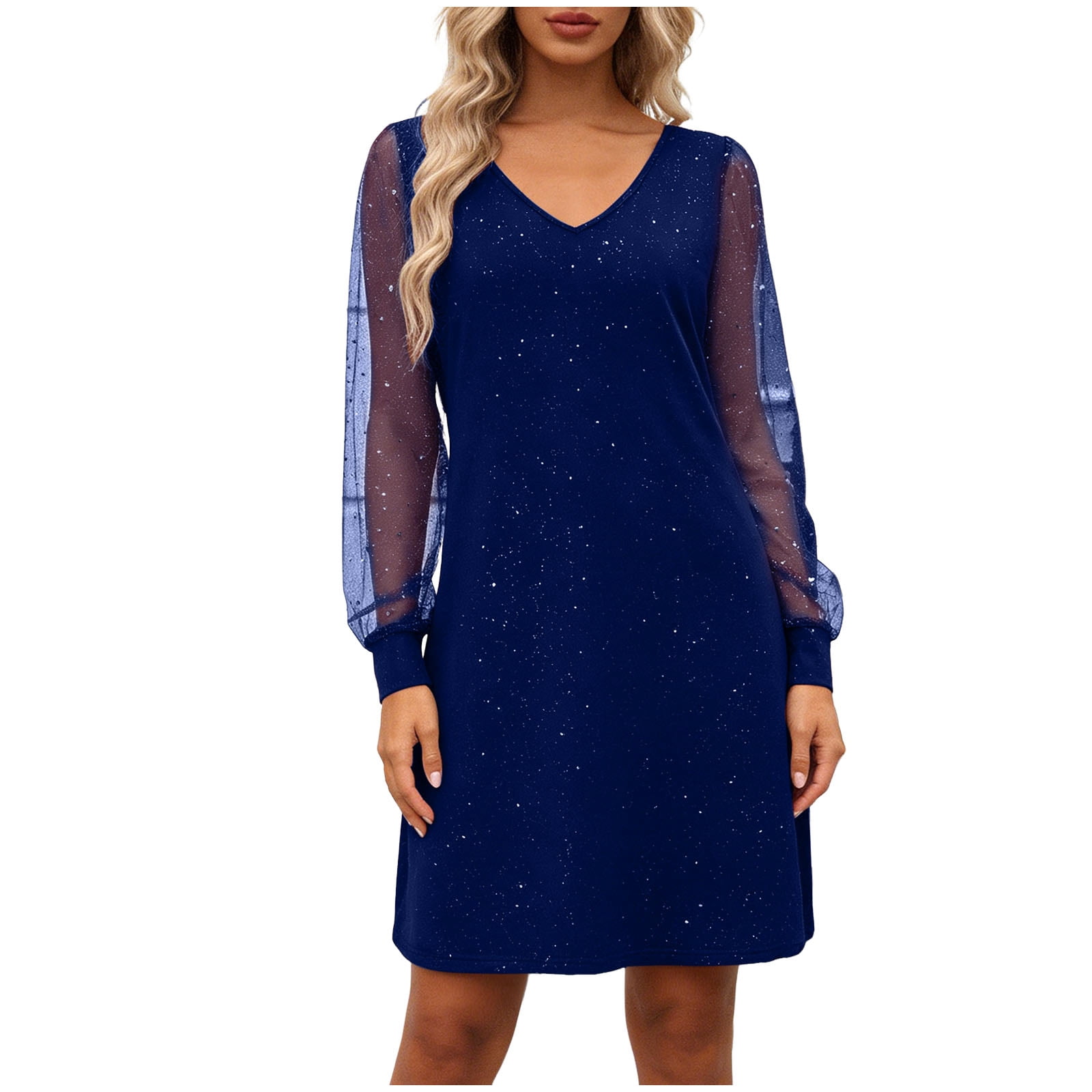 COMVALUE Dresses for Women Mesh Panel Casual Long Sleeve Dress V Neck ...