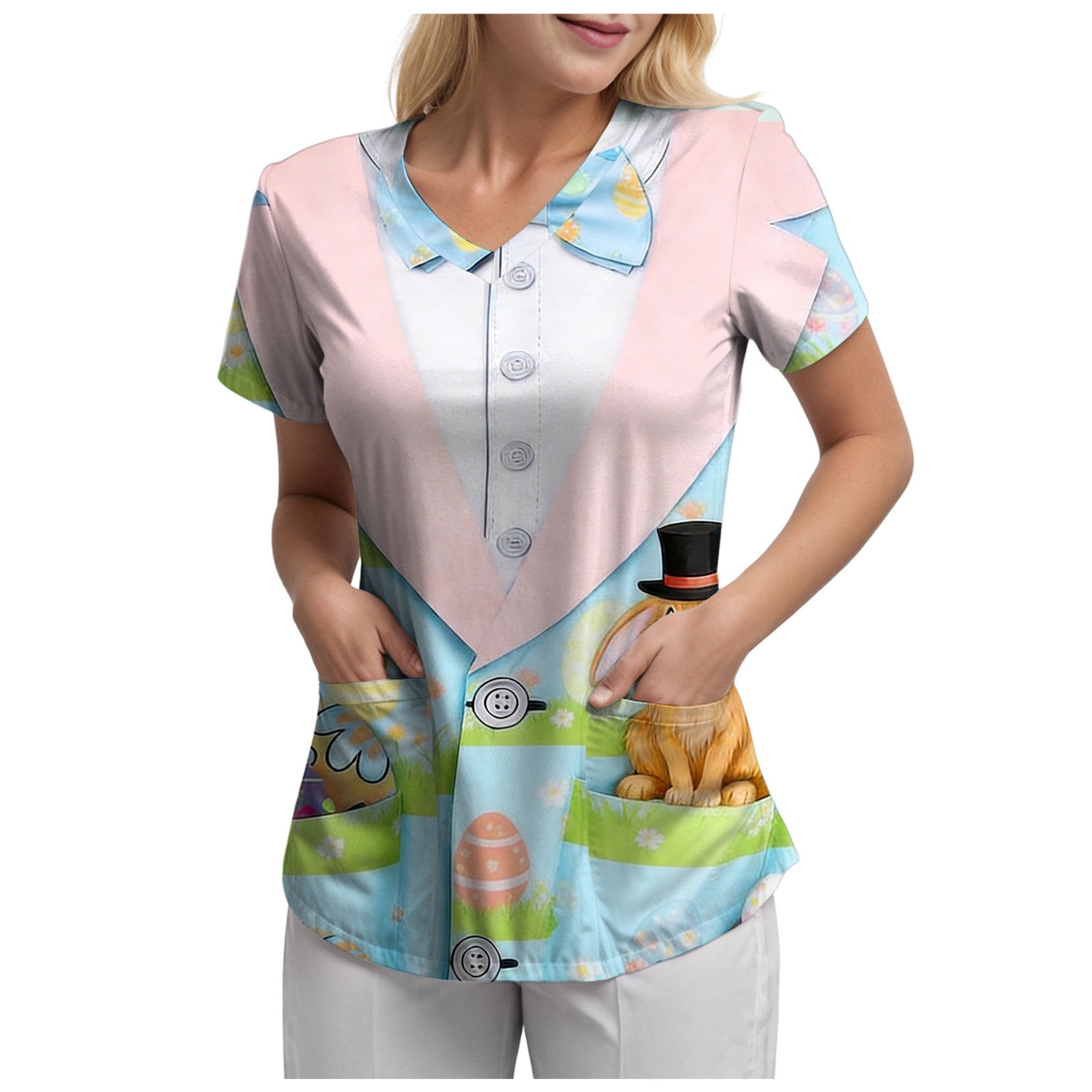 COMVALUE Easter Scrub Tops Women Bunny Egg Hunt Print Medical Scrubs ...