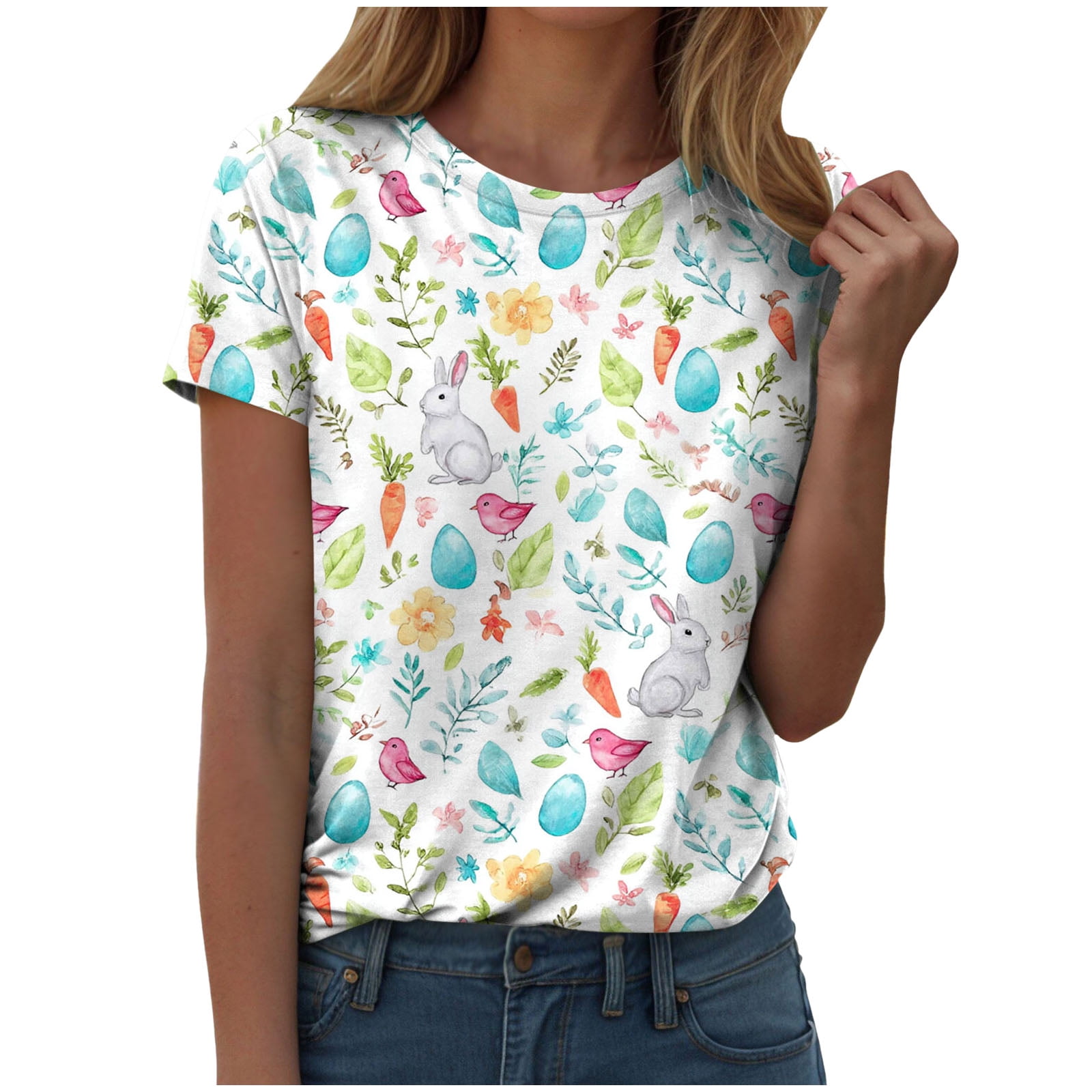 COMVALUE Easter Scrub Tops Women Bunny Egg Hunt Print Medical Scrubs ...