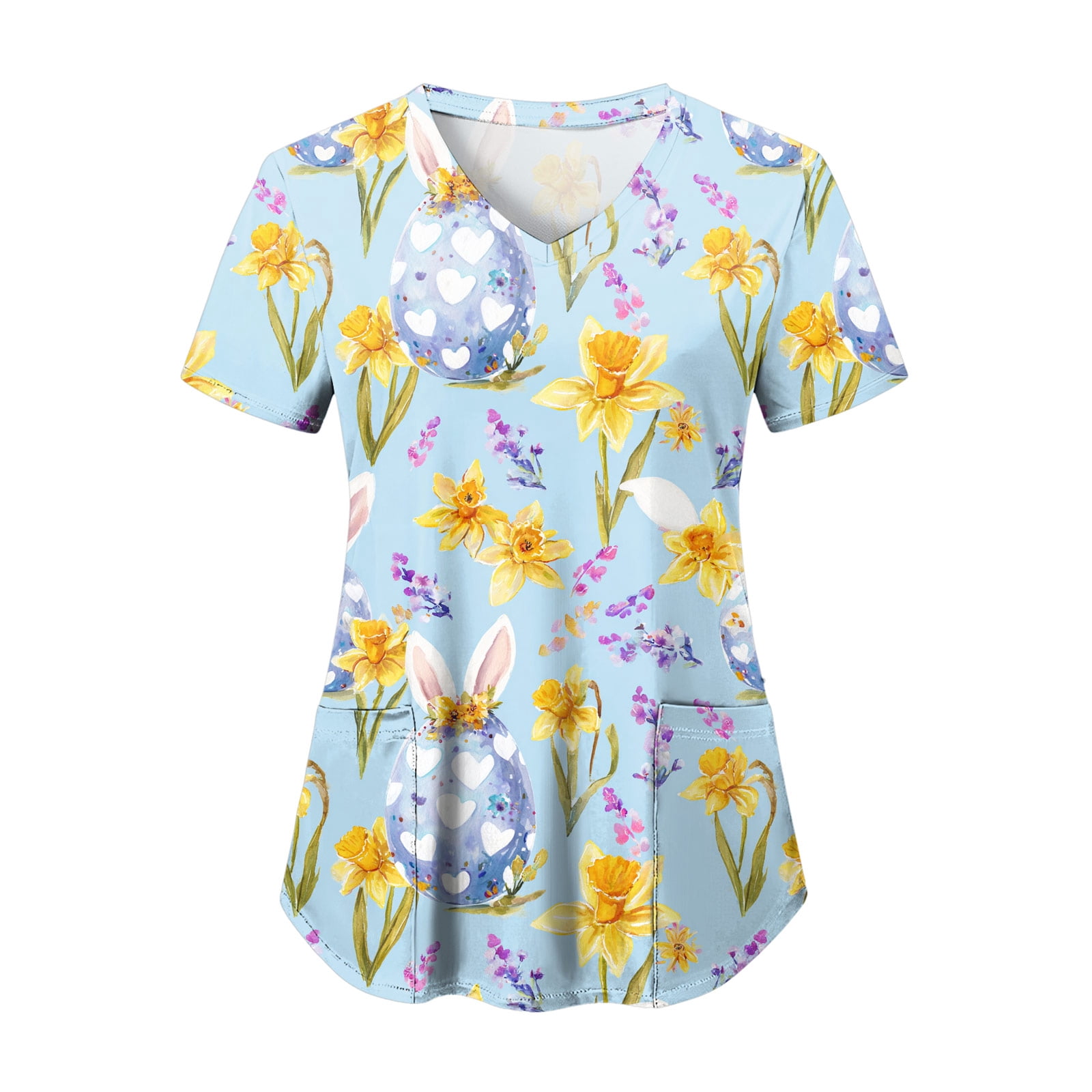 COMVALUE Easter Scrub Tops Women Bunny Egg Hunt Print Scrubs Short ...