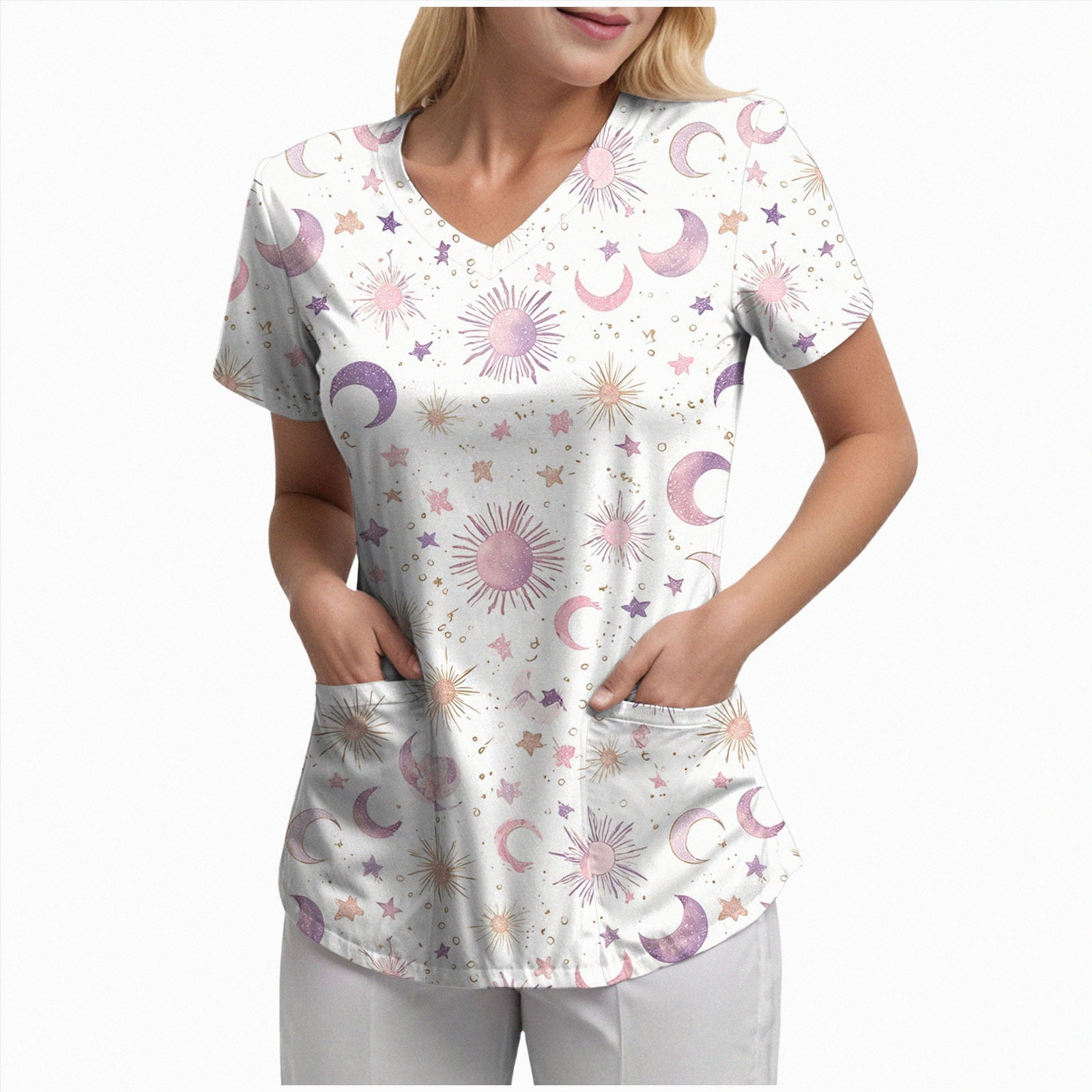 COMVALUE Holiday Scrub Tops Women Short Sleeve Vneck Stretchy Nurse ...