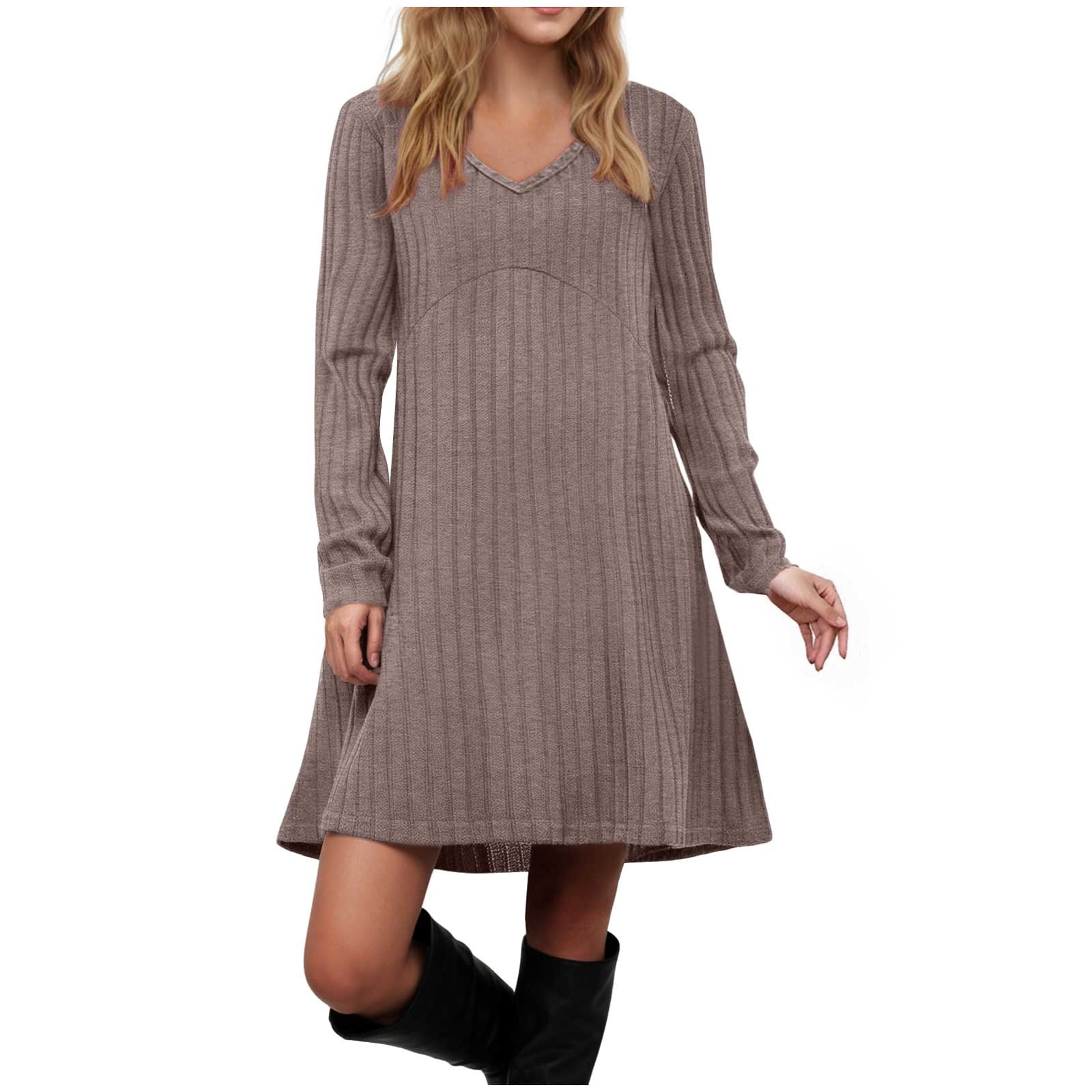 COMVALUE Long Sleeve Sweater Dress Fall Dresses V Neck Doll Dresses ...