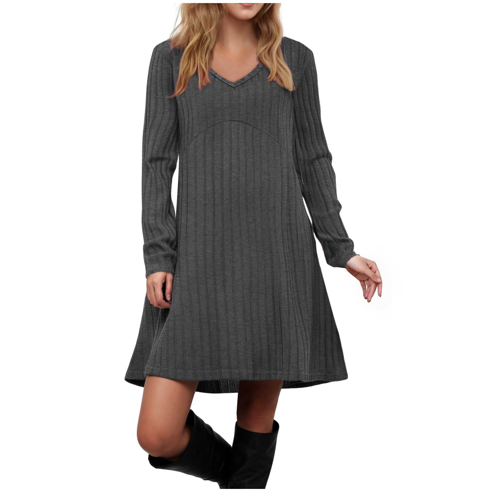 COMVALUE Long Sleeve Sweater Dress Fall Dresses V Neck Empire Waist ...