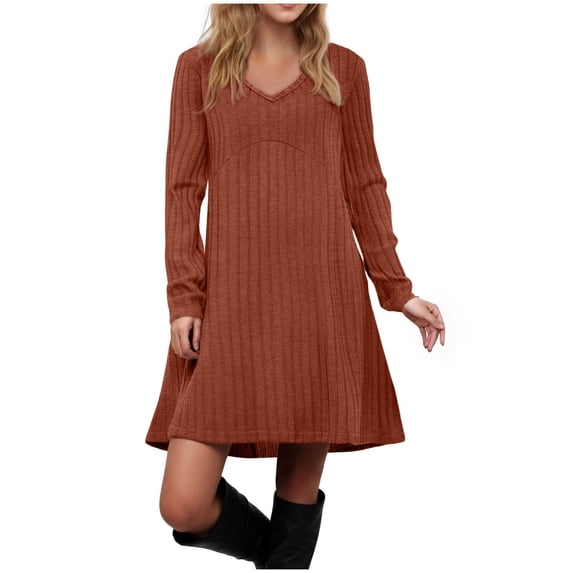 COMVALUE Long Sleeve Sweater Dress Fall Dresses V Neck Doll Dresses ...