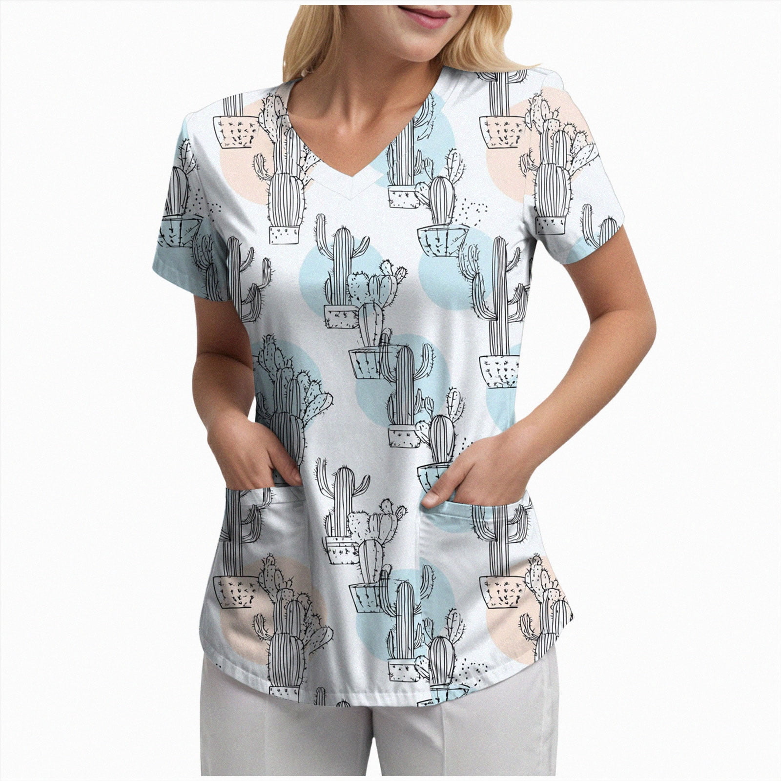 COMVALUE Performance V-Neck Medical Top Scrubs Women Prints, 4 Way ...