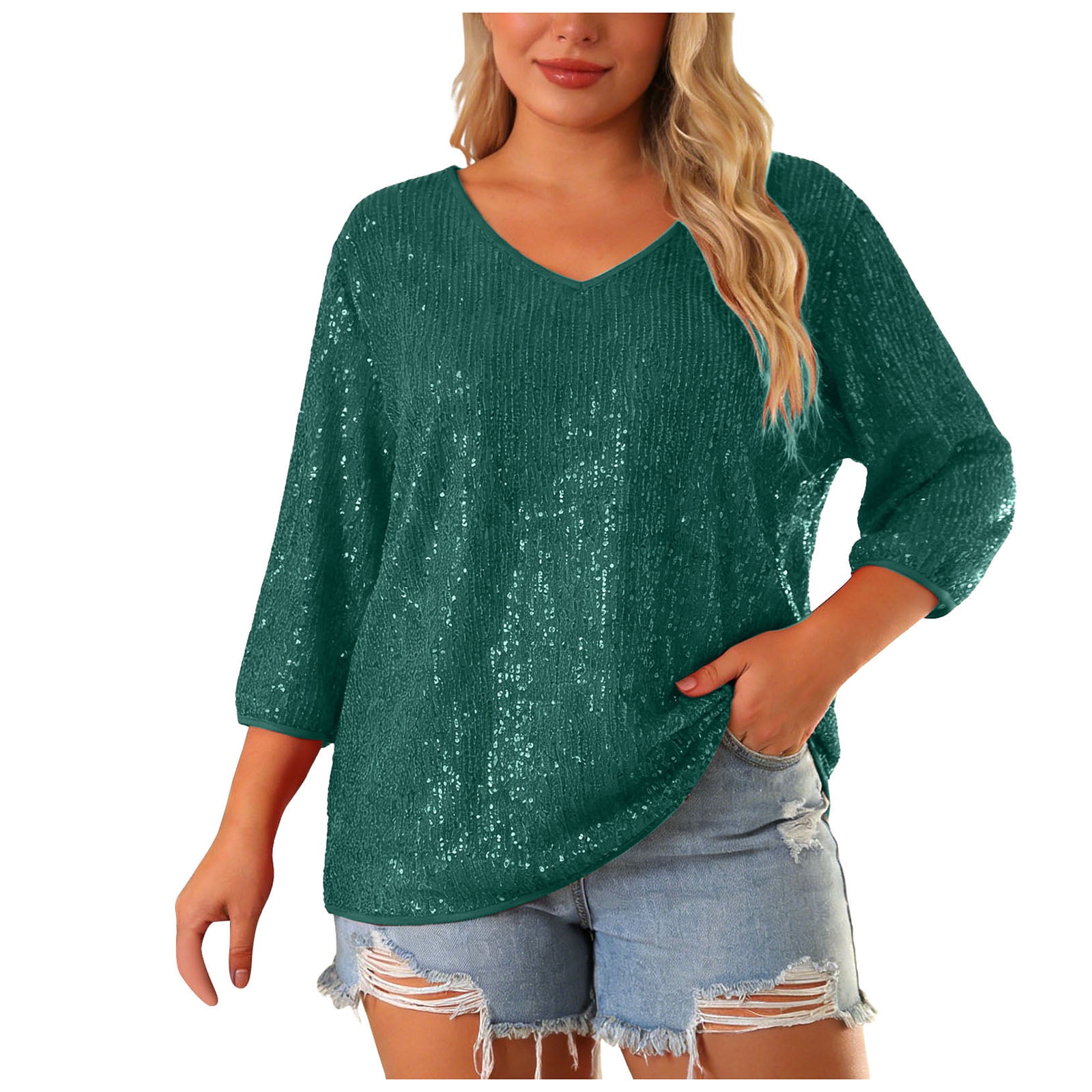 COMVALUE Plus Size Glitter Tops for Women 3/4 Sleeve Shirts Evening ...