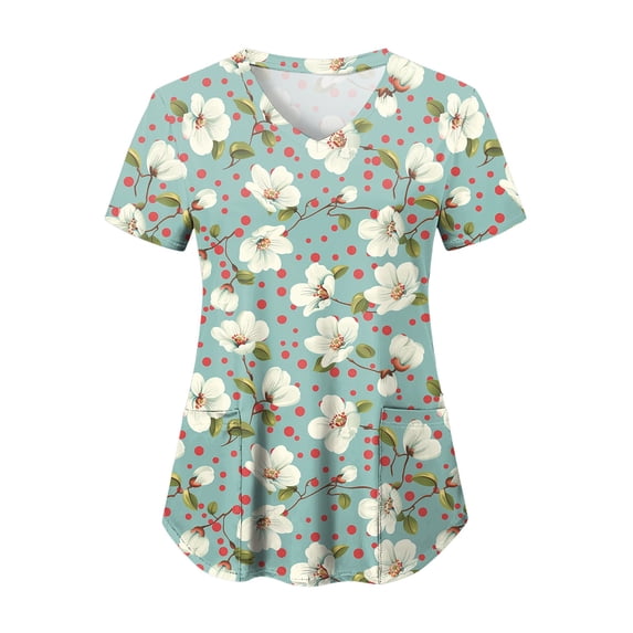 COMVALUE Print Scrub Tops Women Floral Scrubs V Neck Short Sleeve ...