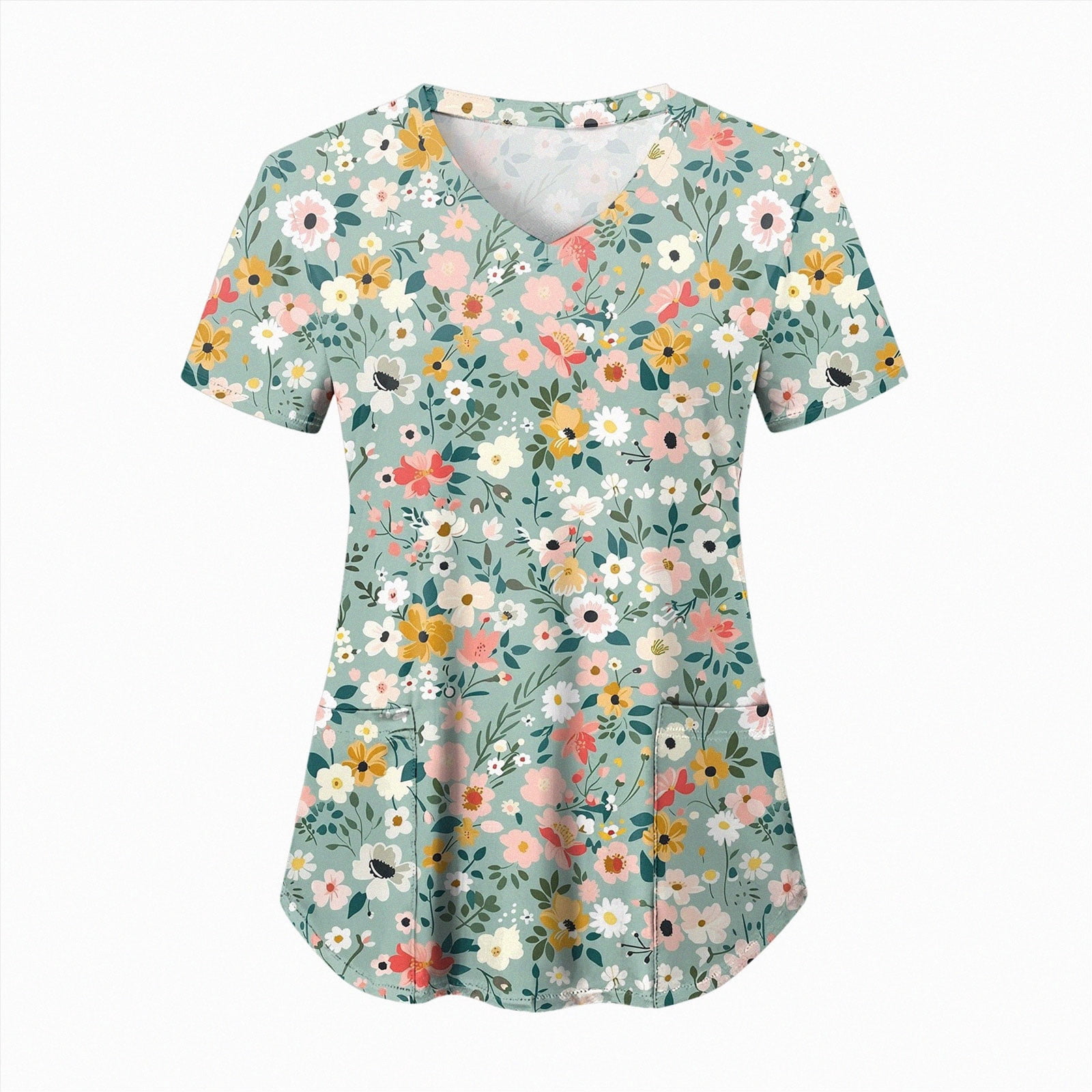 COMVALUE Print Scrub Tops Women Floral Scrubs V Neck Short Sleeve ...